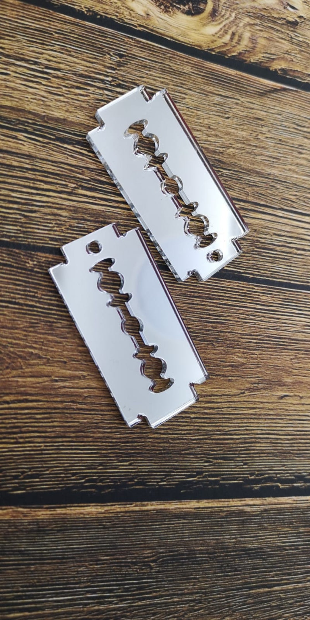 A Pair of Laser Cut Acrylic Razor Blade Charms in a Mirrored Finish ...