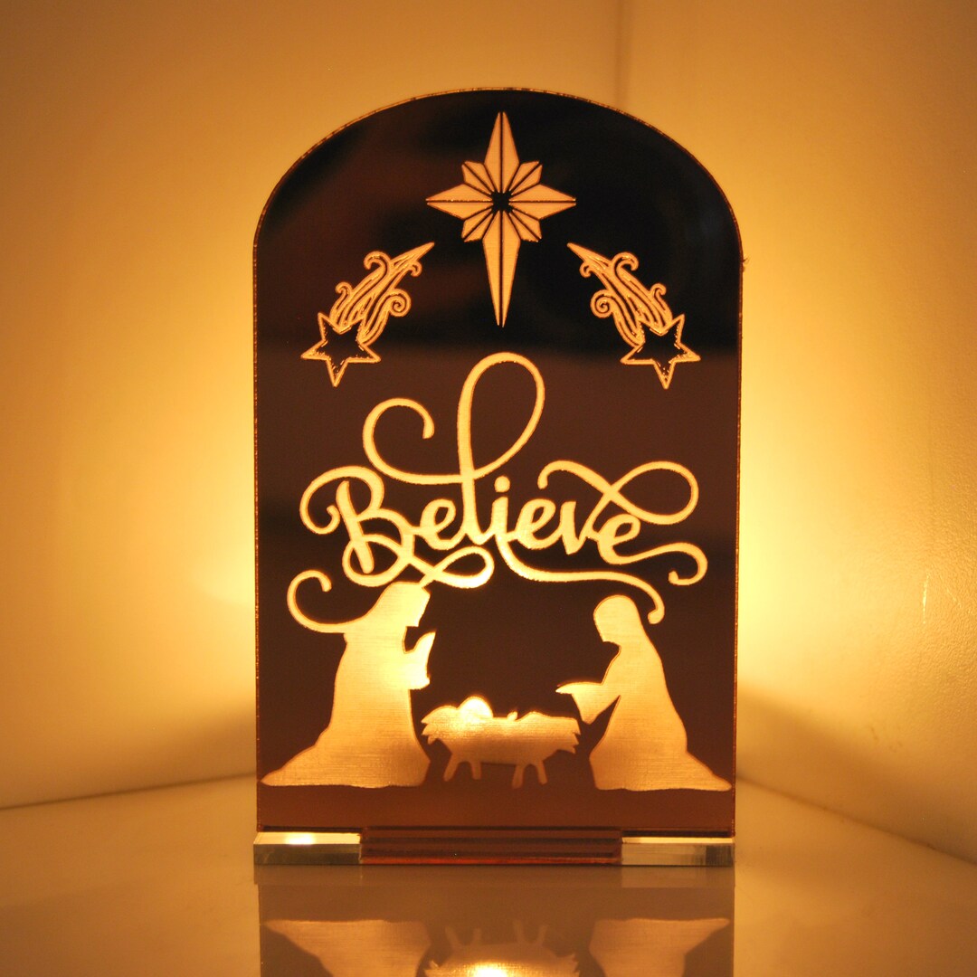 Believe Nativity Scene - Mirror Perspex Tea Light Candle Holder - Xmas ...