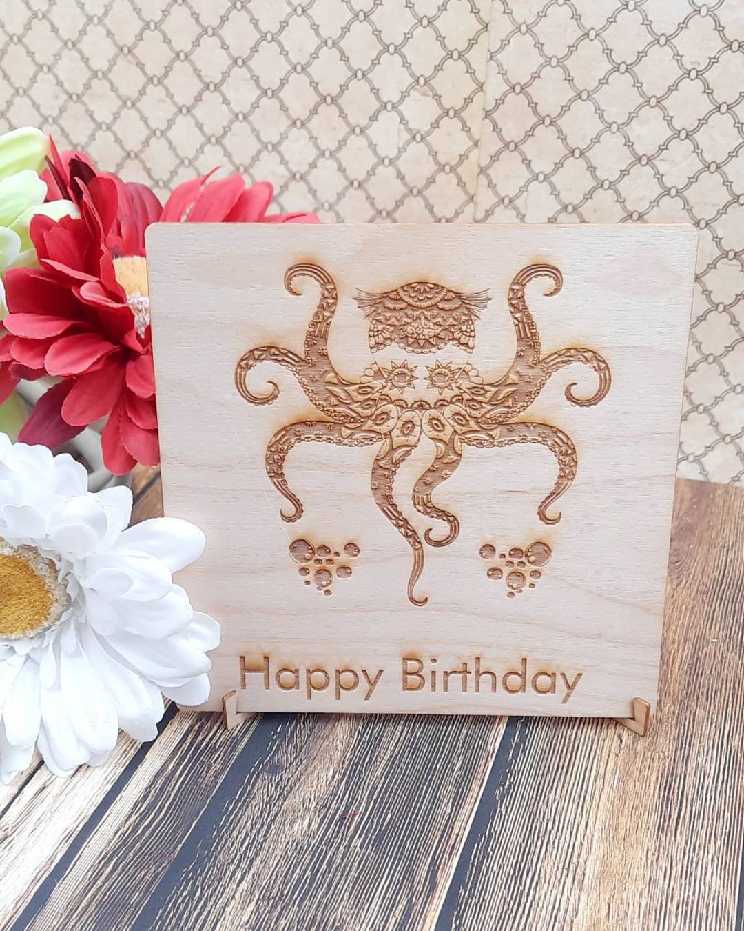 Squid Octopus Doodle - Personalised Wooden Card With Stand and Envelope ...