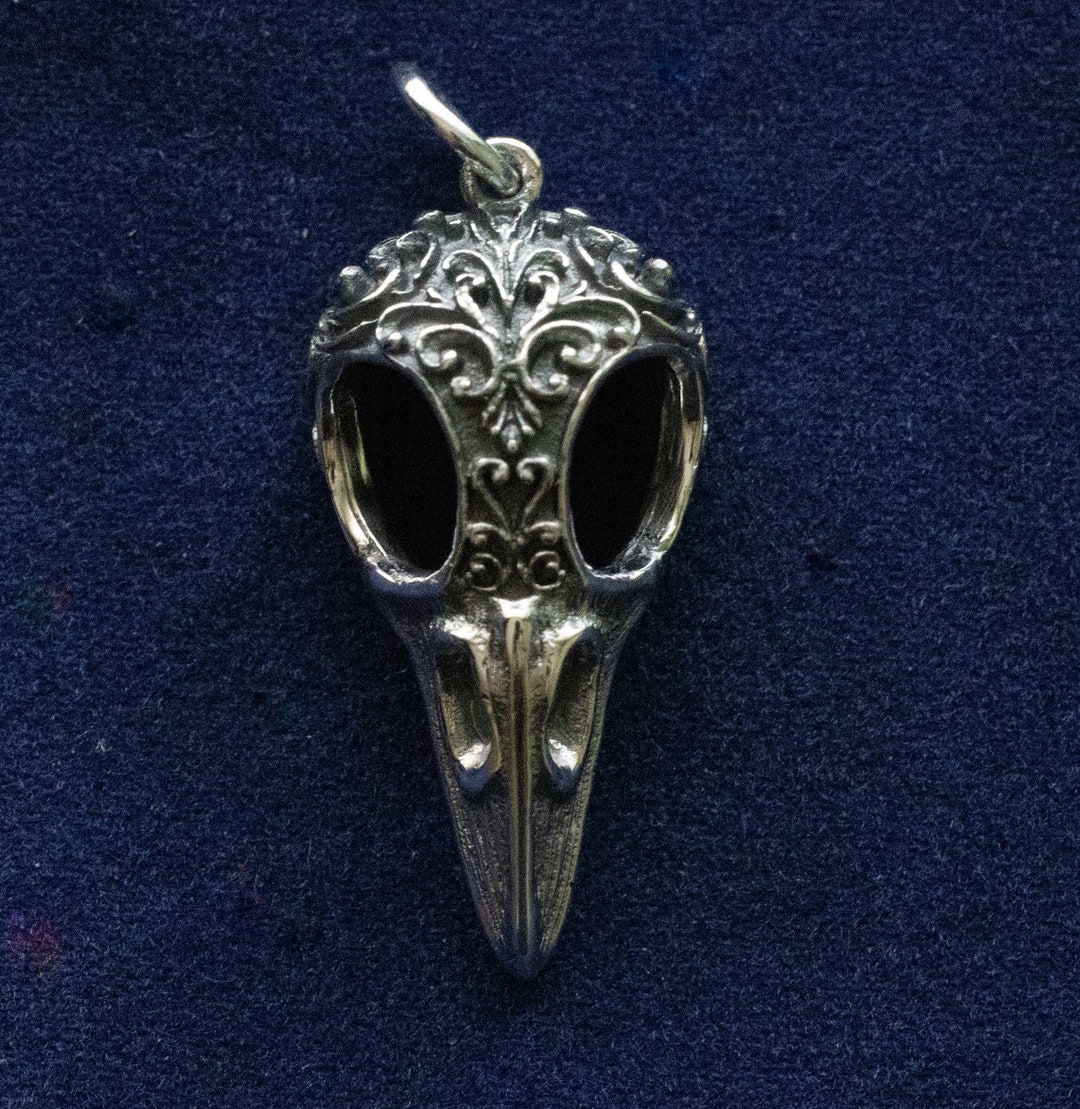925 Sterling Silver Raven Skull With Scroll Carving Charm - Etsy