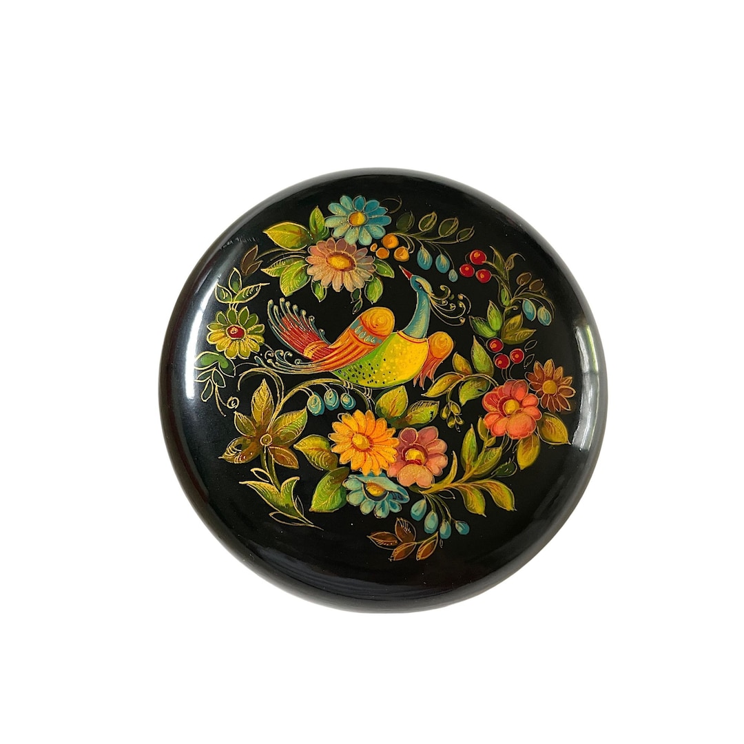 Vintage Russian Lacquer Trinket Box Hand Painted Bird Flowers Signed W ...