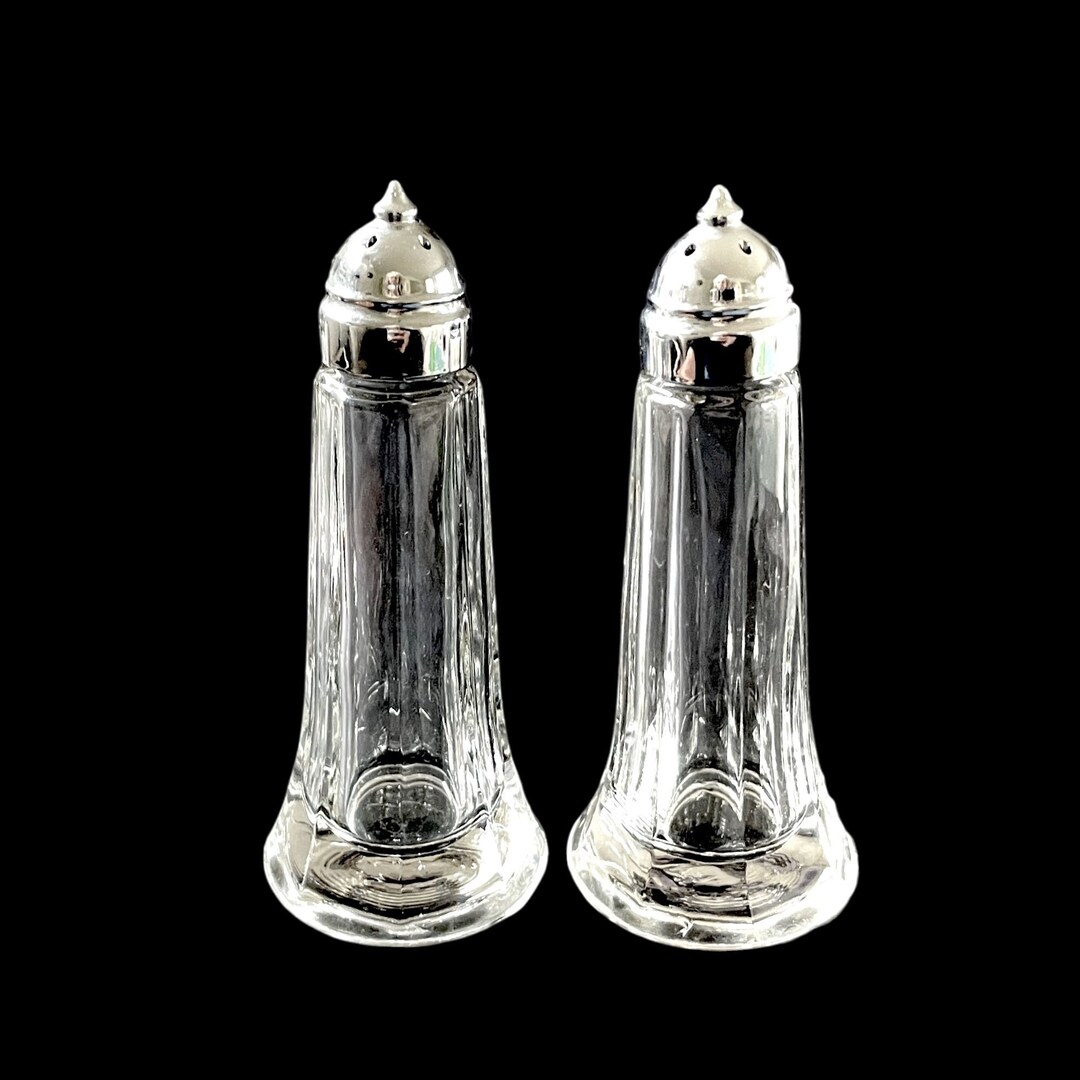 Vintage Tower Salt Pepper Shaker Set Clear Glass Silver Finial Lids - Etsy