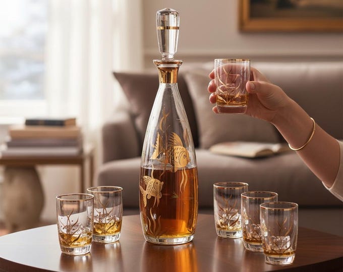 Bohemia Glass Mid Century Gold Fish Decanter Set With 6 Glasses - Etsy