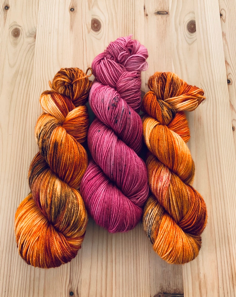 Hand Dyed Fall Sock Yarn - Orange, Brown, and Cherry Fingering Yarn ...