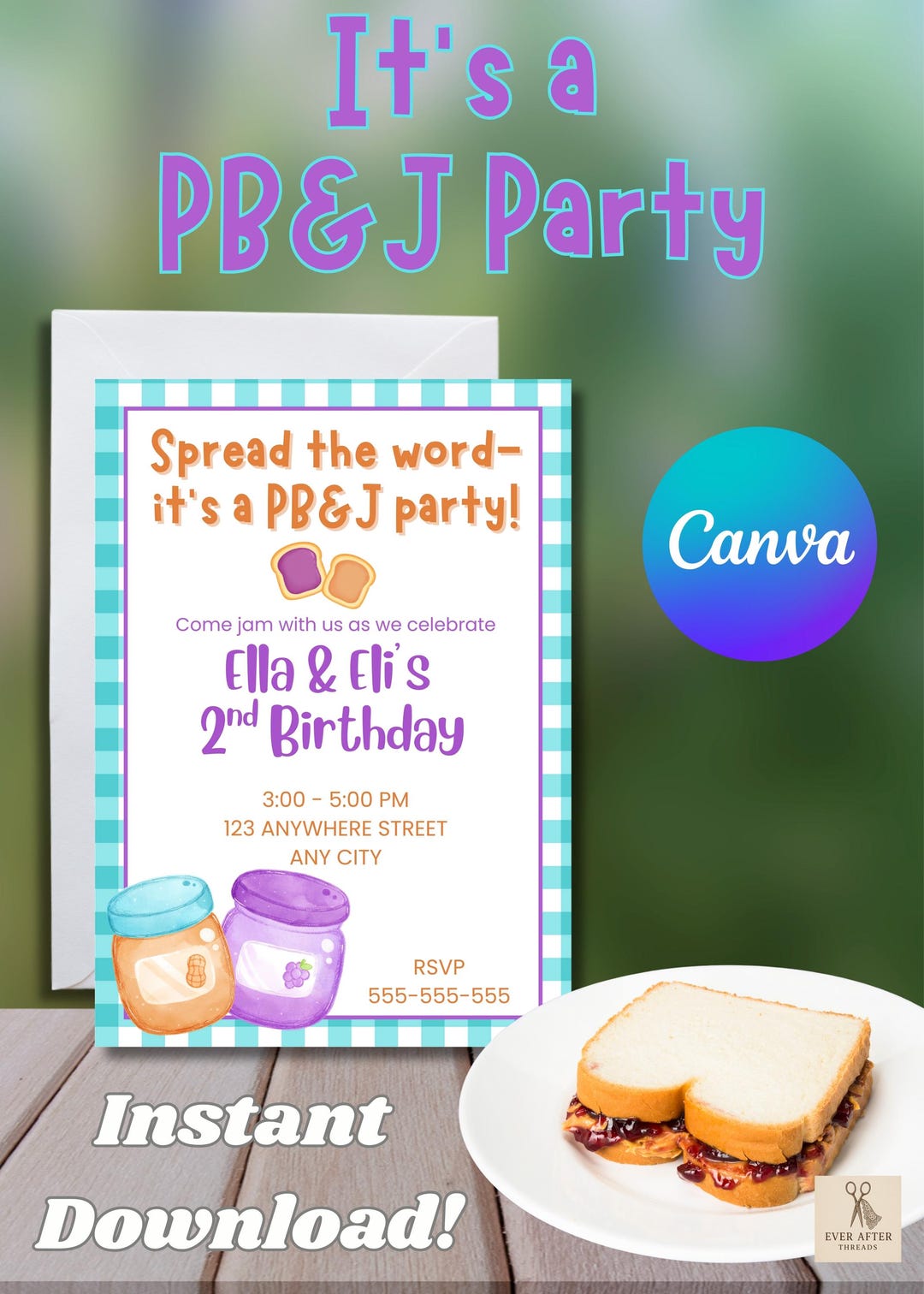 PB&J Birthday Party Invitation • Peanut Butter Jelly Party Invite ...