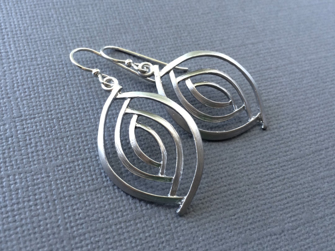 Silver Oval Shape Earrings, Matte Silver Almond Dangle Earrings ...