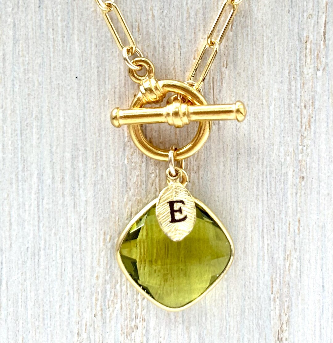 Personalized August Birthstone Necklace, Peridot Toggle Paperclip Chain ...
