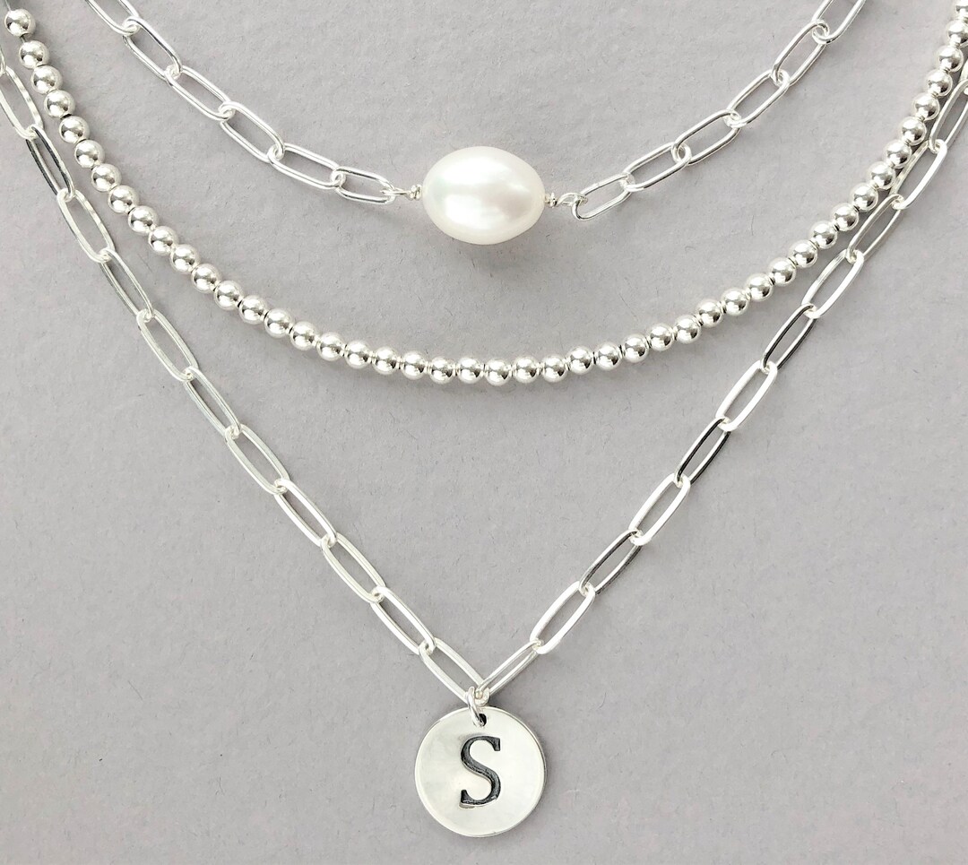 Layered Initial Necklaces, Paperclip Initial Necklace, Sterling Beaded ...