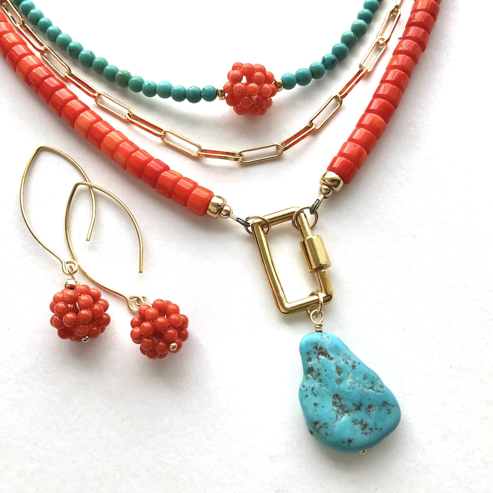 Orange Coral Turquoise Necklaces, Layered Necklaces, Coral Earrings ...