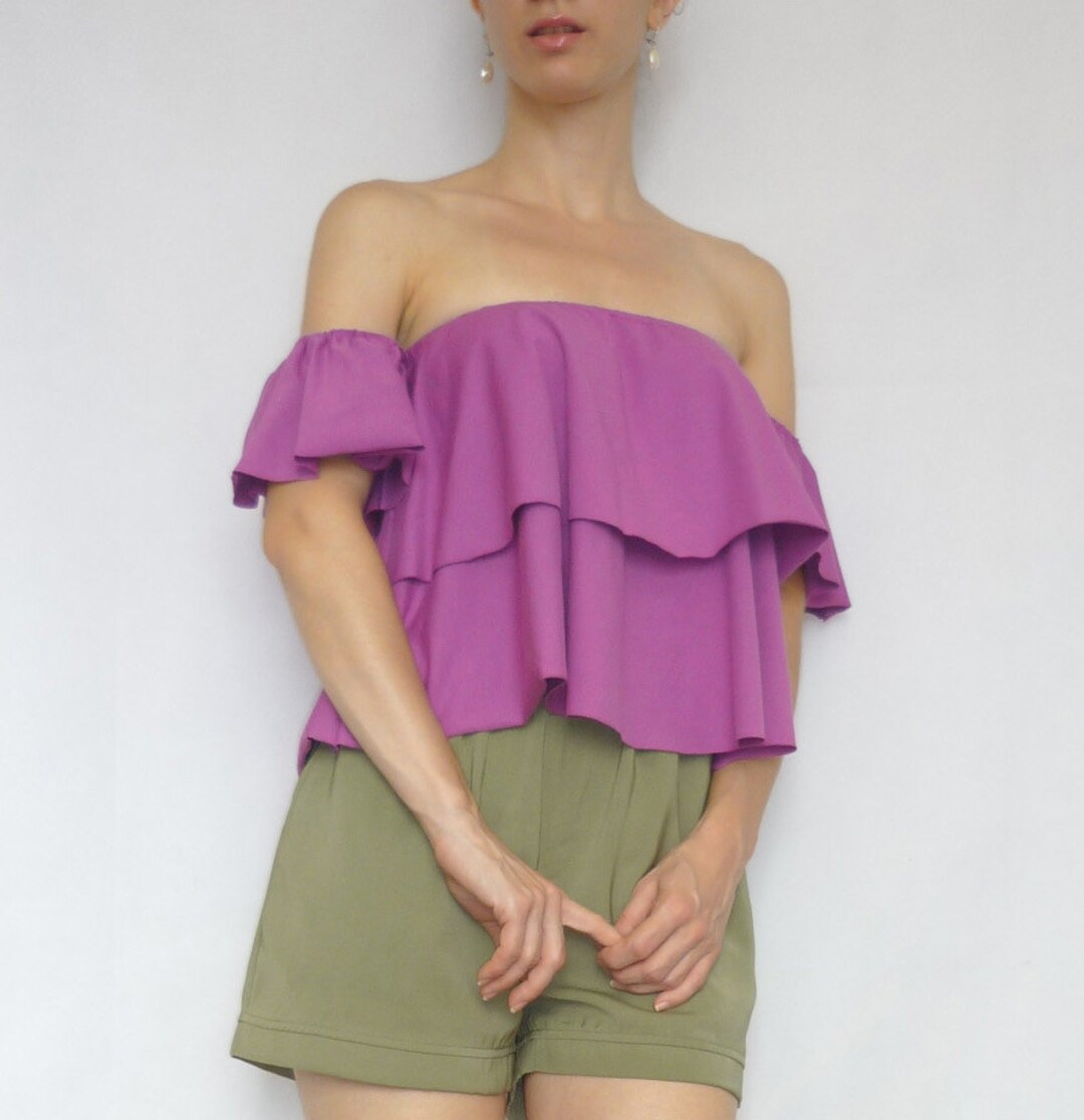 Purple Women Crop Top, off Shoulder Strapless Ruffle Blouse, Cute ...