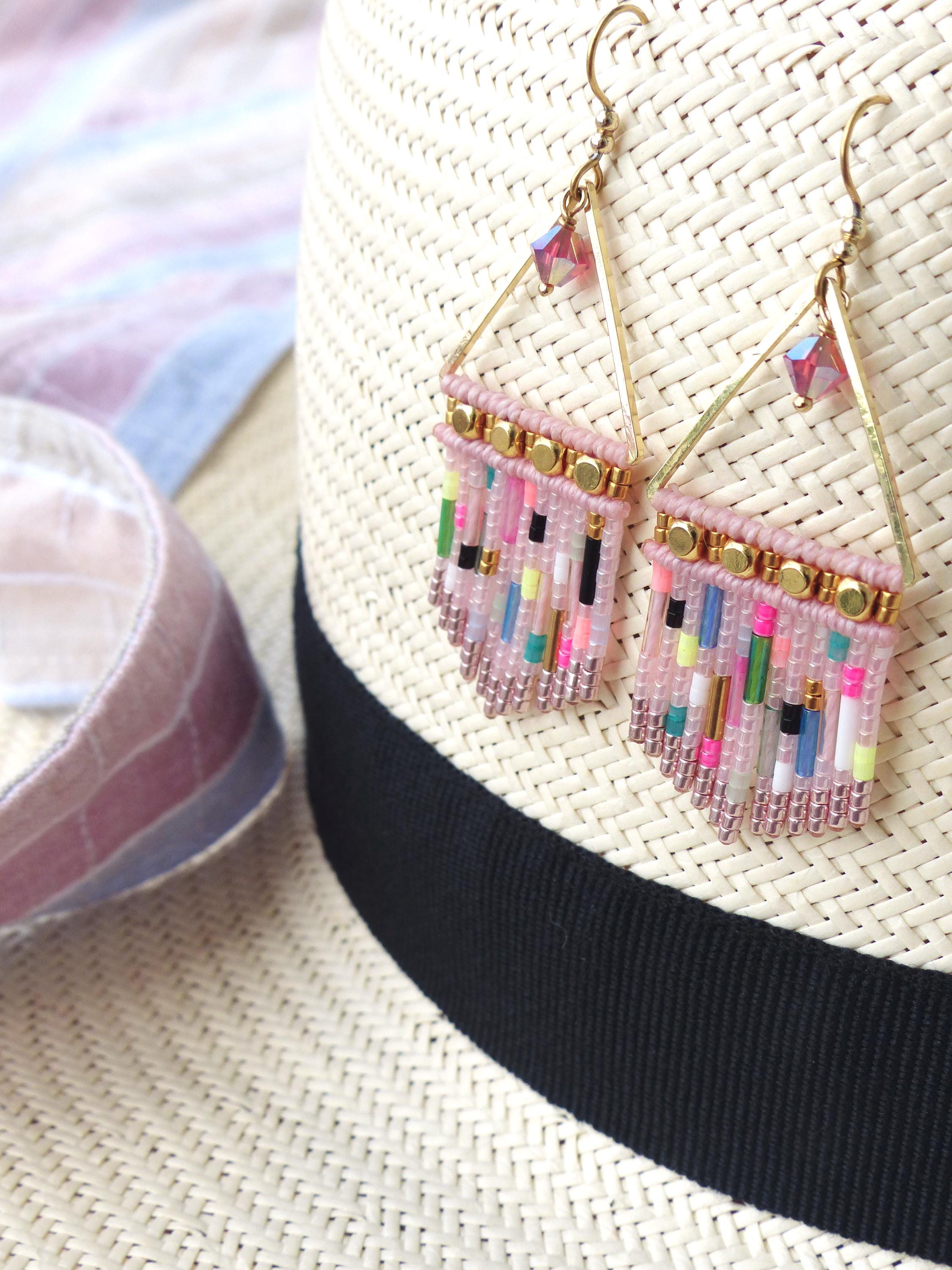 Dangle Beaded Fringe Earrings Pastel Pink and Flashy Yellow Blue Green ...