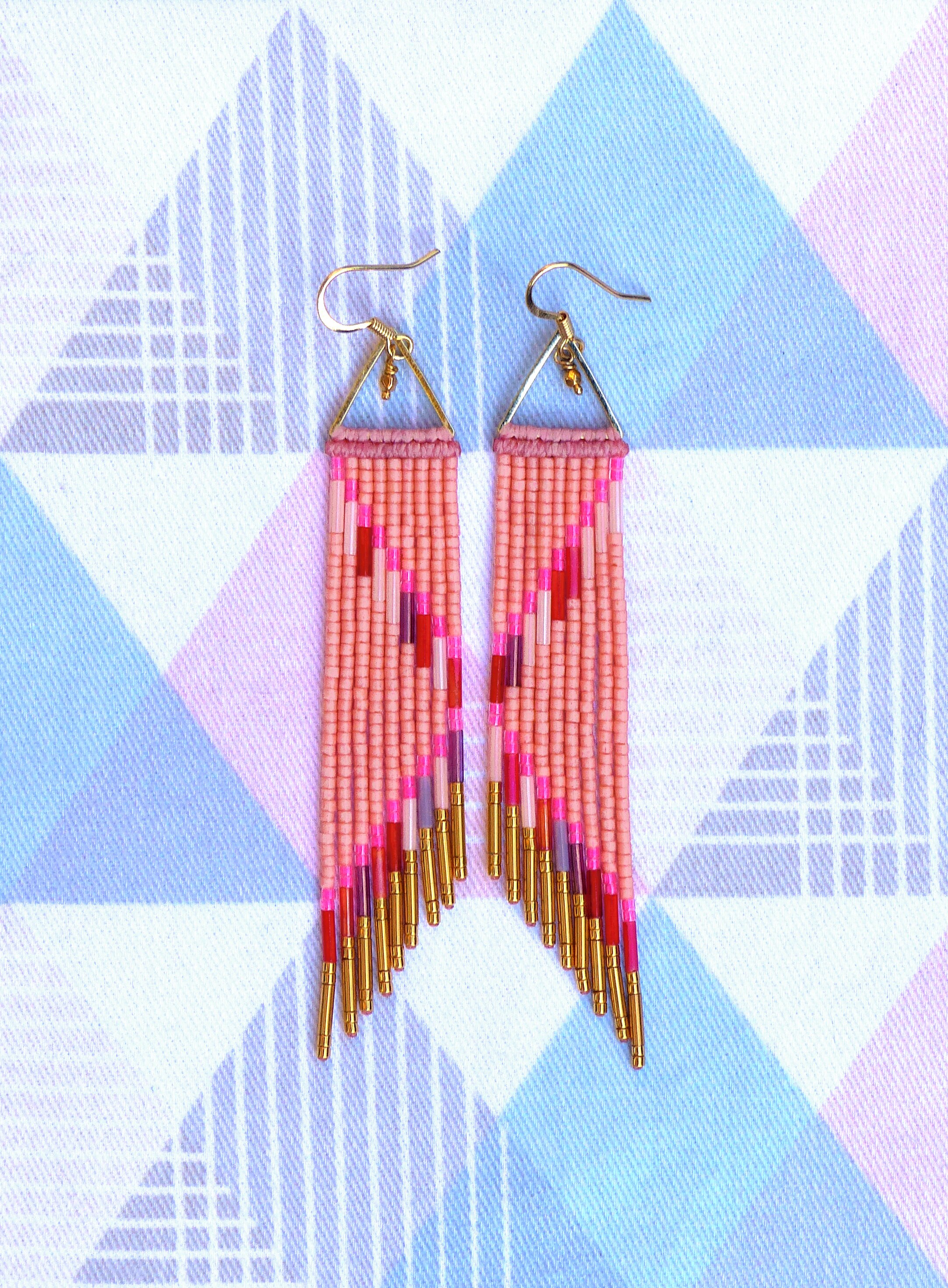 Long Beaded Fringe Earrings in Shade of Salmon Pink and Red | Etsy