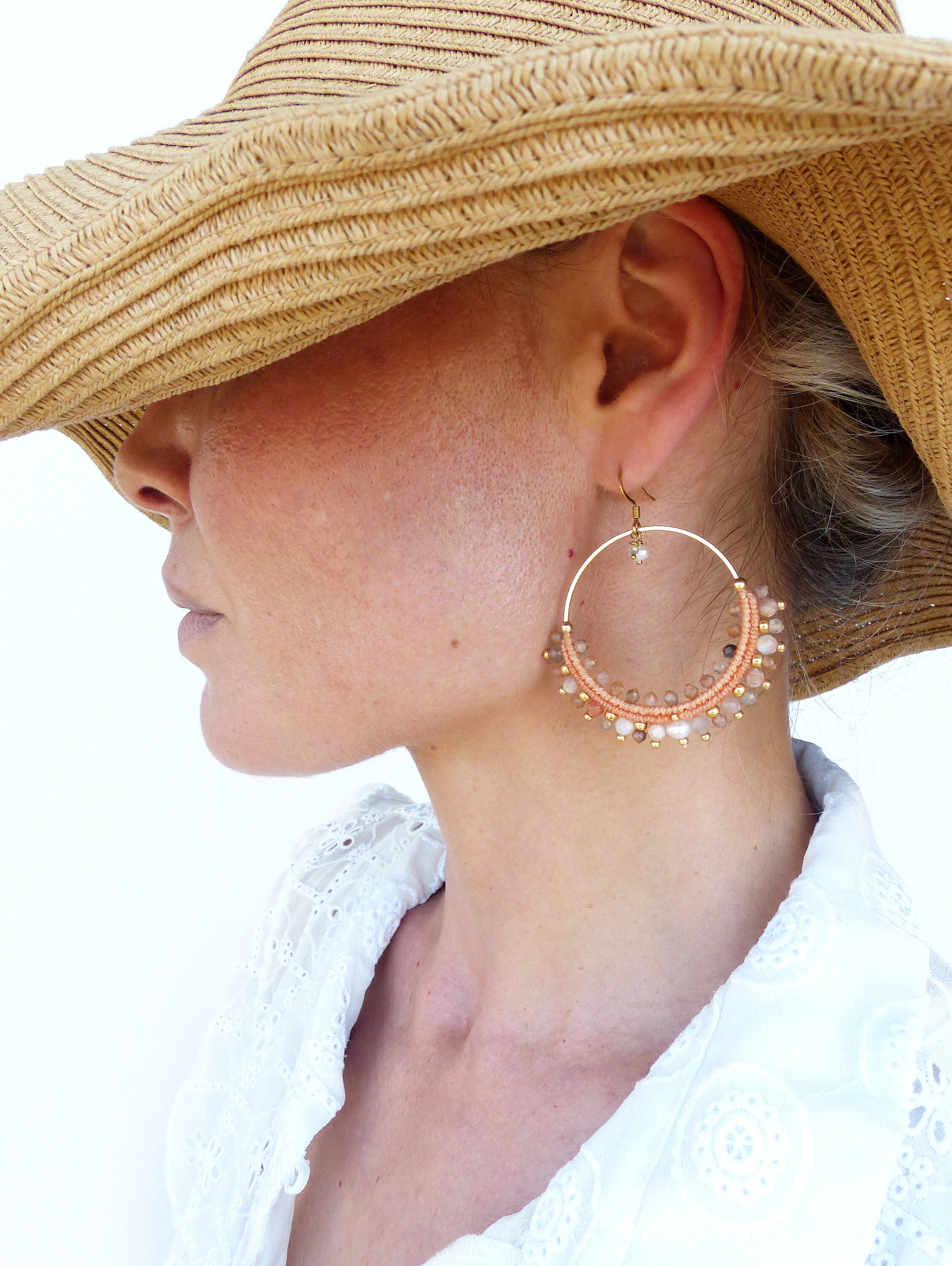 Statement Pastel Peach Macrame Hoops Earrings With Moonstone Beads - Etsy