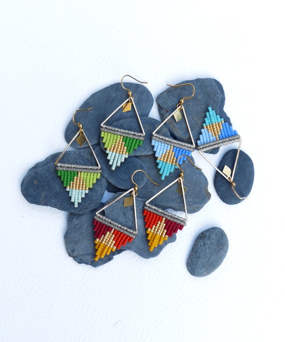 Colorful Dangle Triangle Earrings Made of Macrame and Miyuki - Etsy