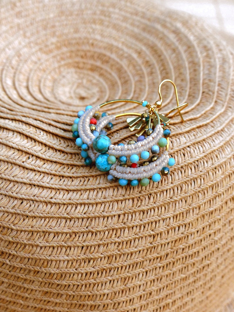 Little Raw Macrame Hoops Earrings With Turquoise and - Etsy