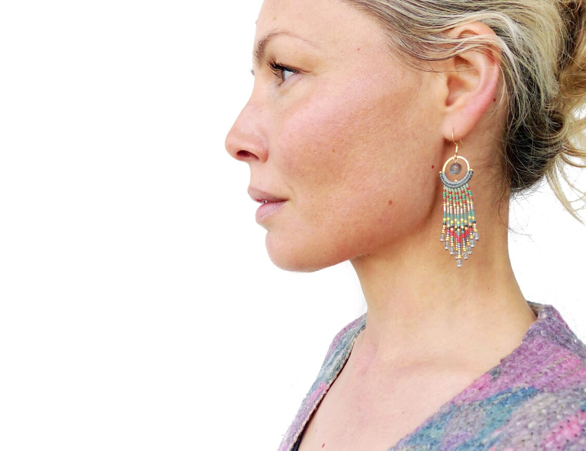 Precious Beaded Fringe Earrings With Beautiful Labradorite Beads Gris ...