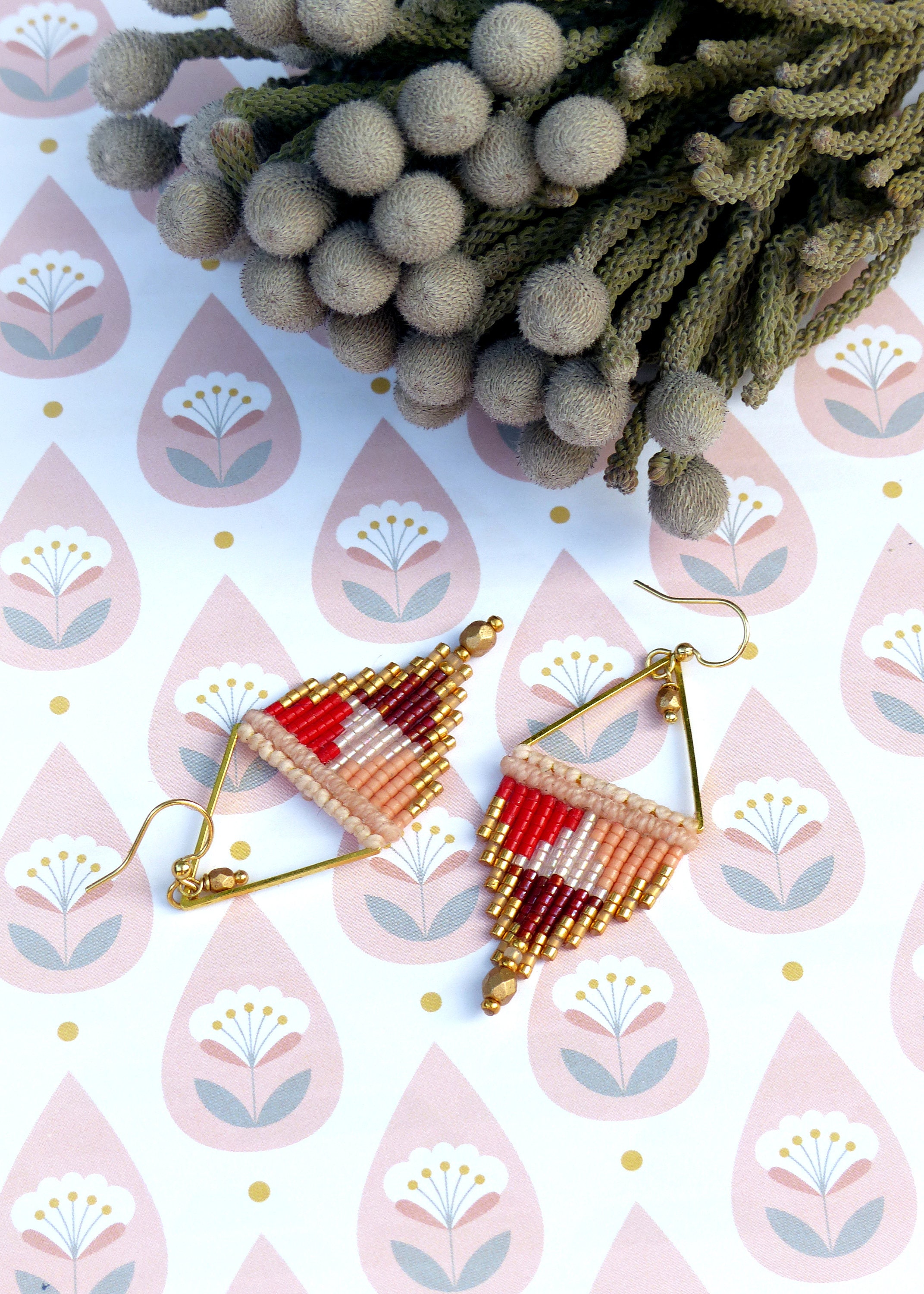 Shades of Pink Red and Peach Triangle Earrings Made of Micromacrame and ...