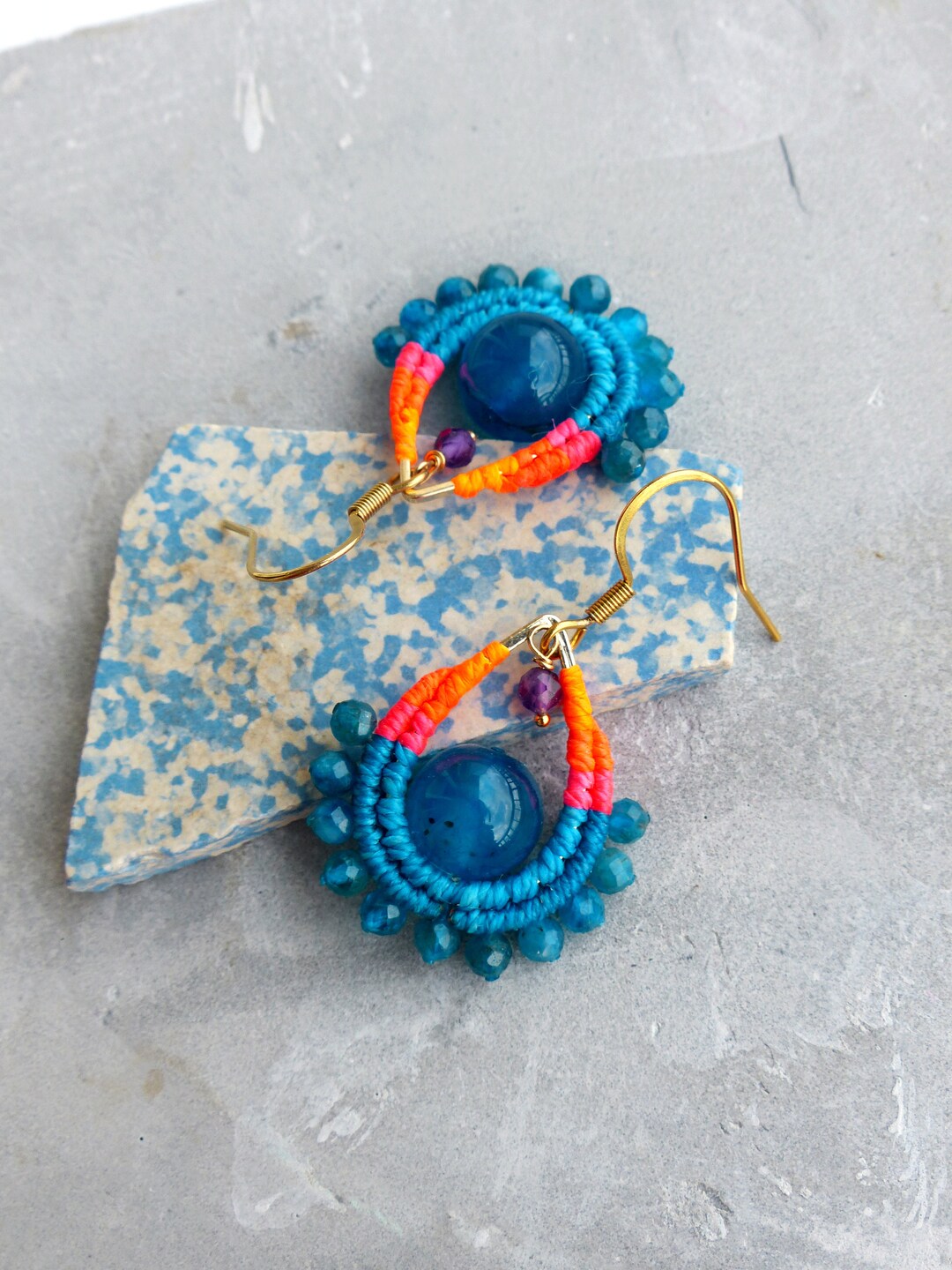Little Macrame Drop Earrings With Blue Apatite Agate and Amethyst - Etsy