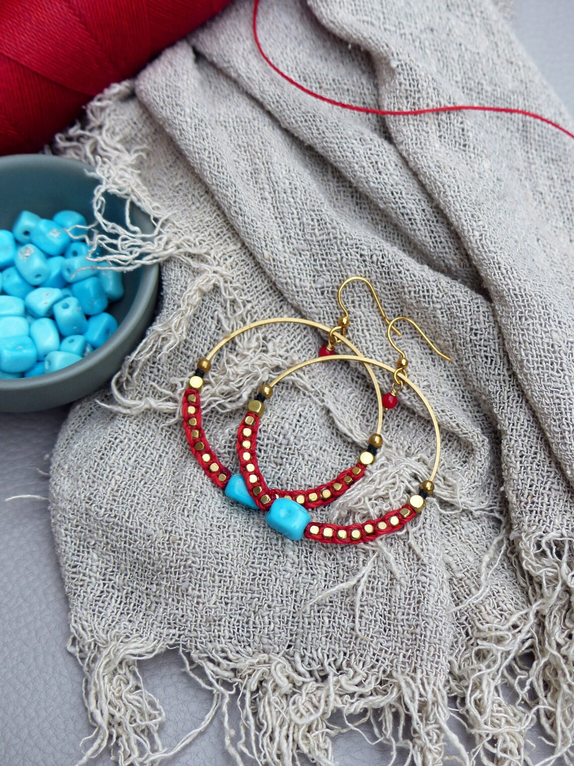 Large Macrame Hoops Made of Macrame and Turquoise Blue Red and - Etsy