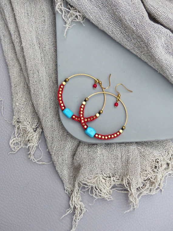 Large Macrame Hoops Made of Macrame and Turquoise Blue Red and | Etsy