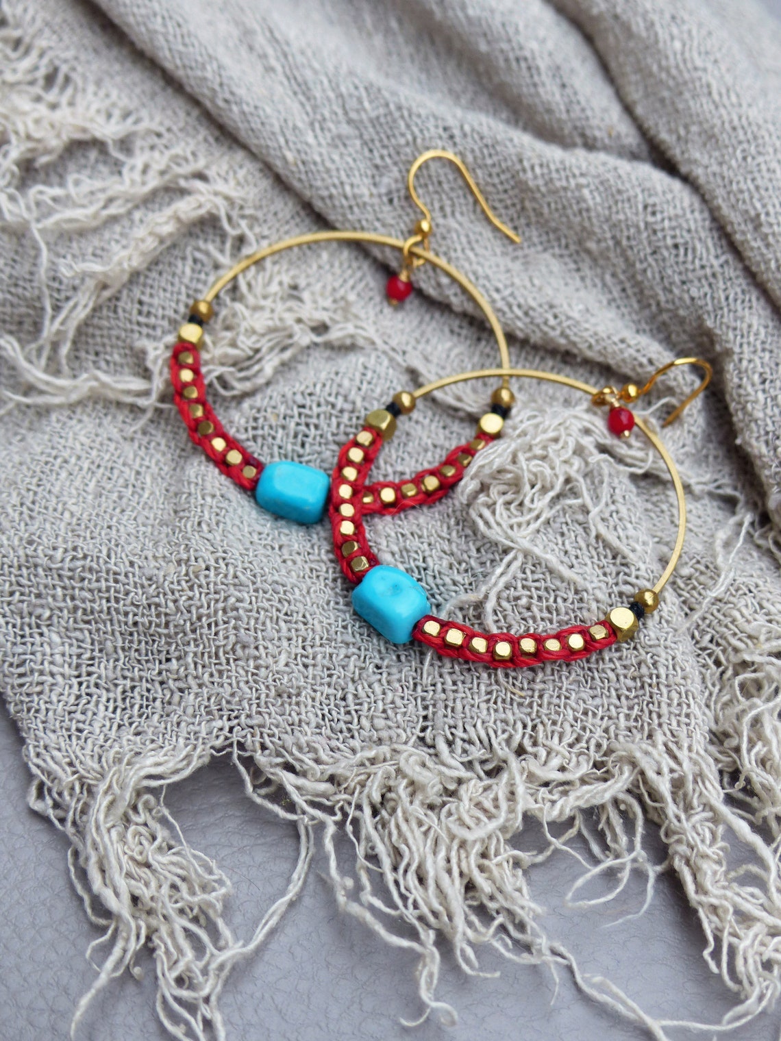 Large Macrame Hoops Made of Macrame and Turquoise Blue Red and - Etsy