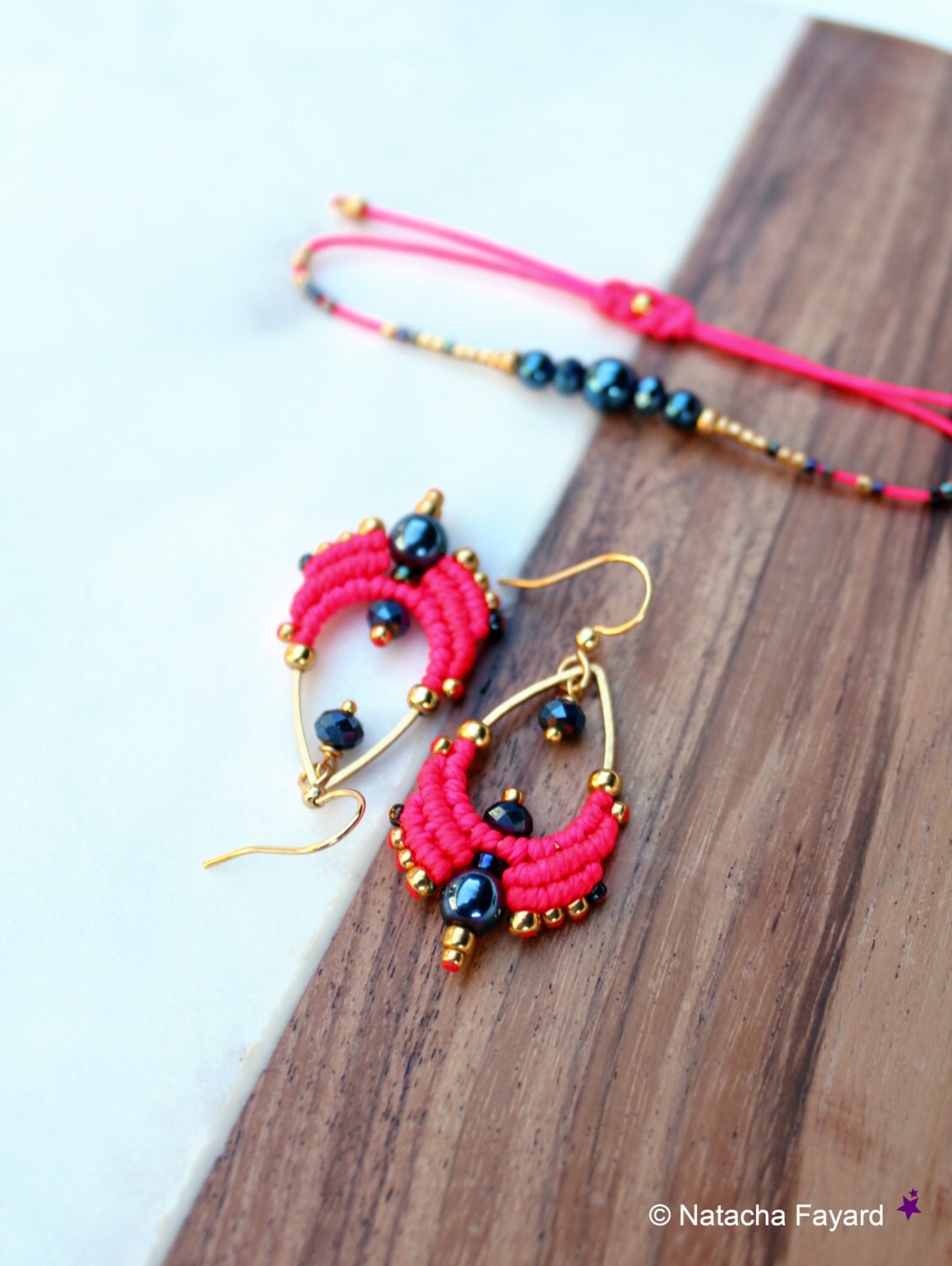 Hand woven micro macrame drop earrings neon pink gold and | Etsy