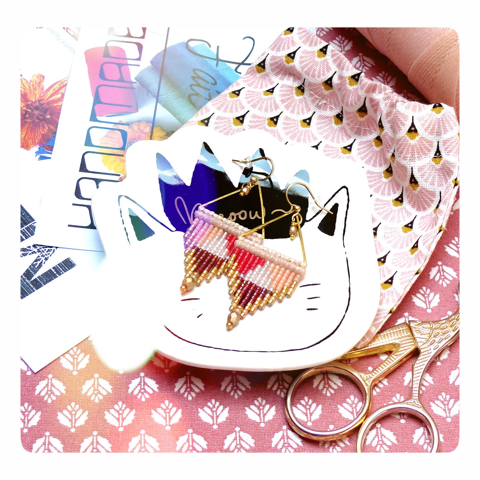 Shades of Pink Red and Peach Triangle Earrings Made of Micromacrame and ...