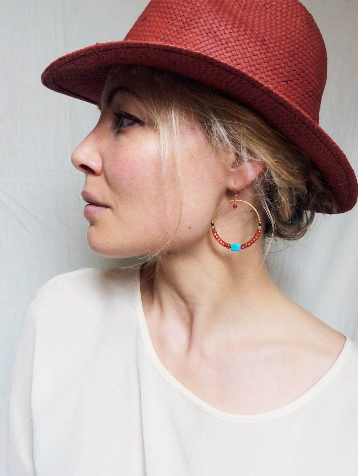Large Macrame Hoops Made of Macrame and Turquoise Blue Red and - Etsy