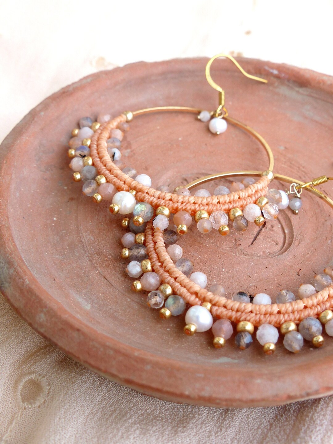 Statement Pastel Peach Macrame Hoops Earrings With Moonstone - Etsy