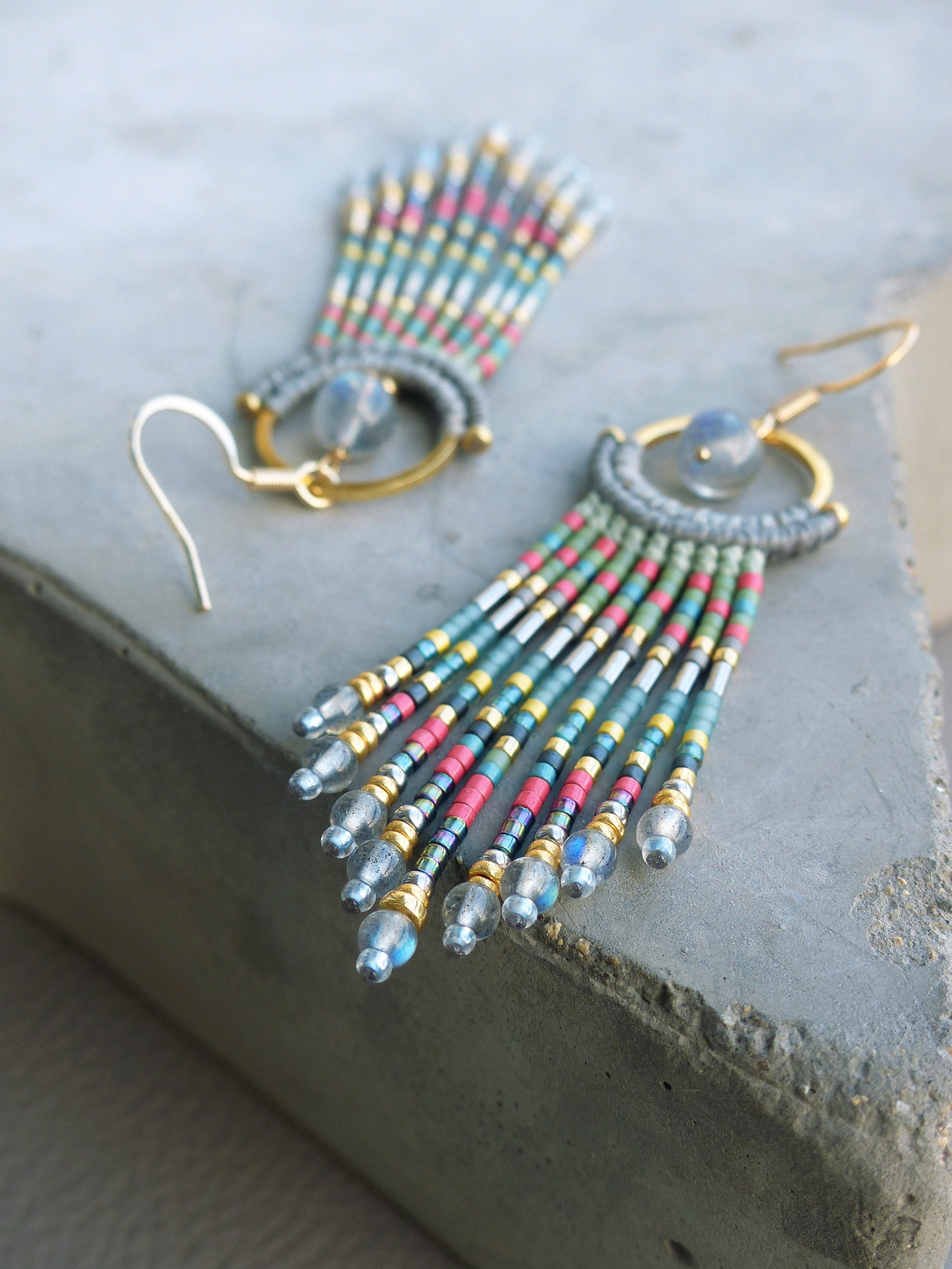 Precious Beaded Fringe Earrings With Beautiful Labradorite Beads Gris ...