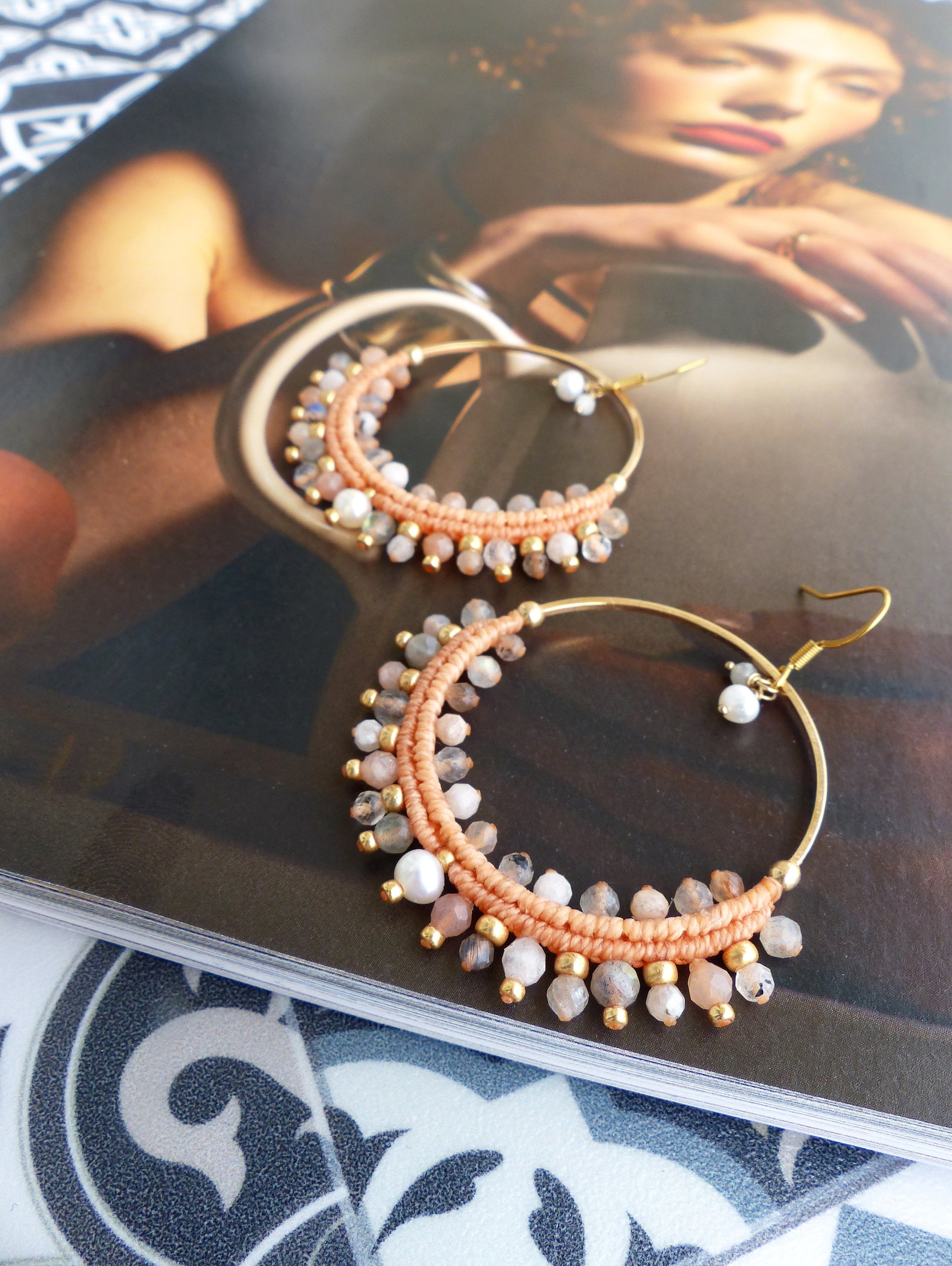 Statement Pastel Peach Macrame Hoops Earrings With Moonstone Beads - Etsy