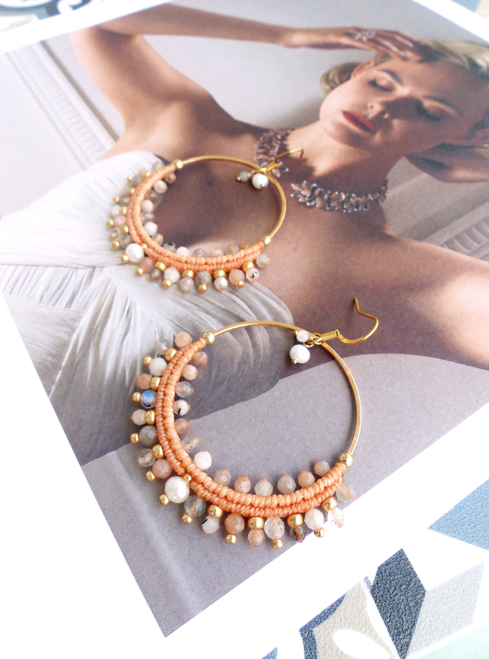 Statement Pastel Peach Macrame Hoops Earrings With Moonstone Beads - Etsy