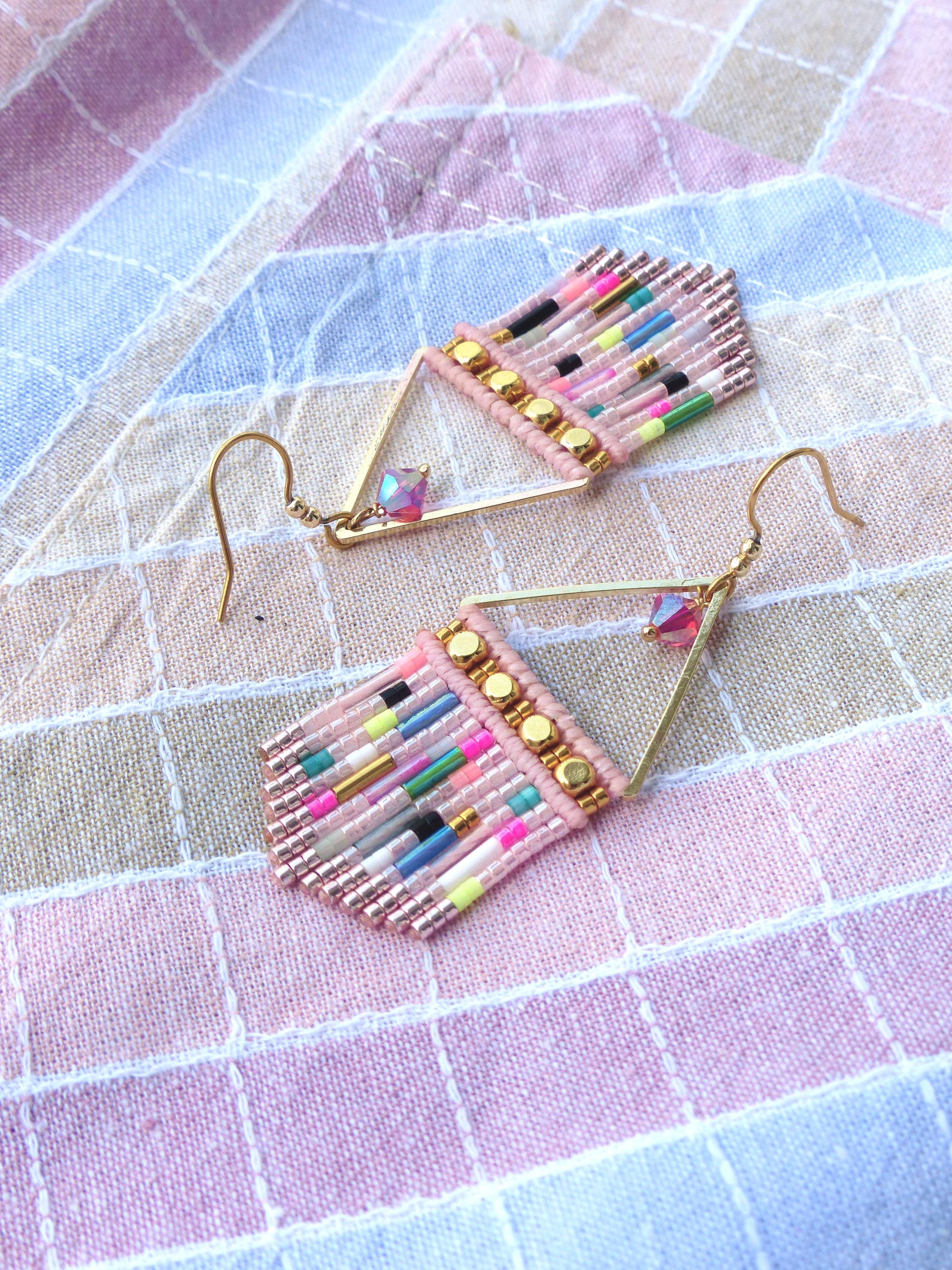 Dangle Beaded Fringe Earrings Pastel Pink and Flashy Yellow Blue Green ...