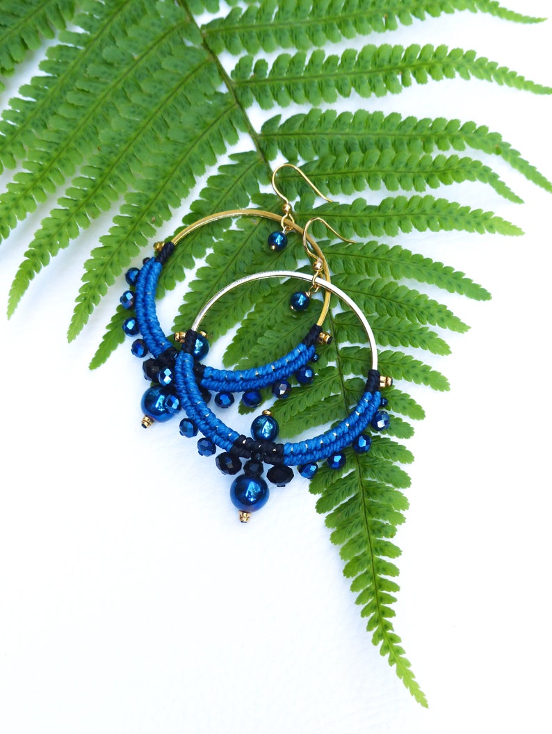 Large Hand Woven Macrame Hoops Earrings Night Blue Black and Gold With ...