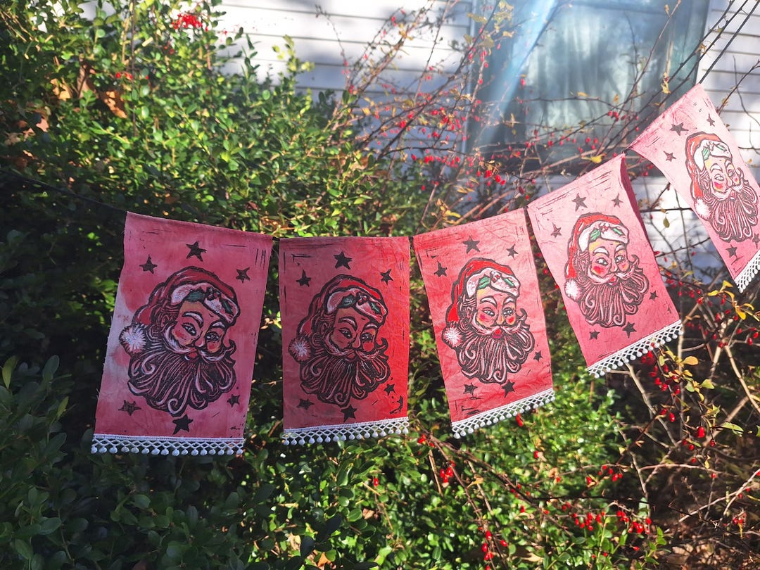 Folk Art Santa Garland - Red With Trim - Prayer Flags - Etsy