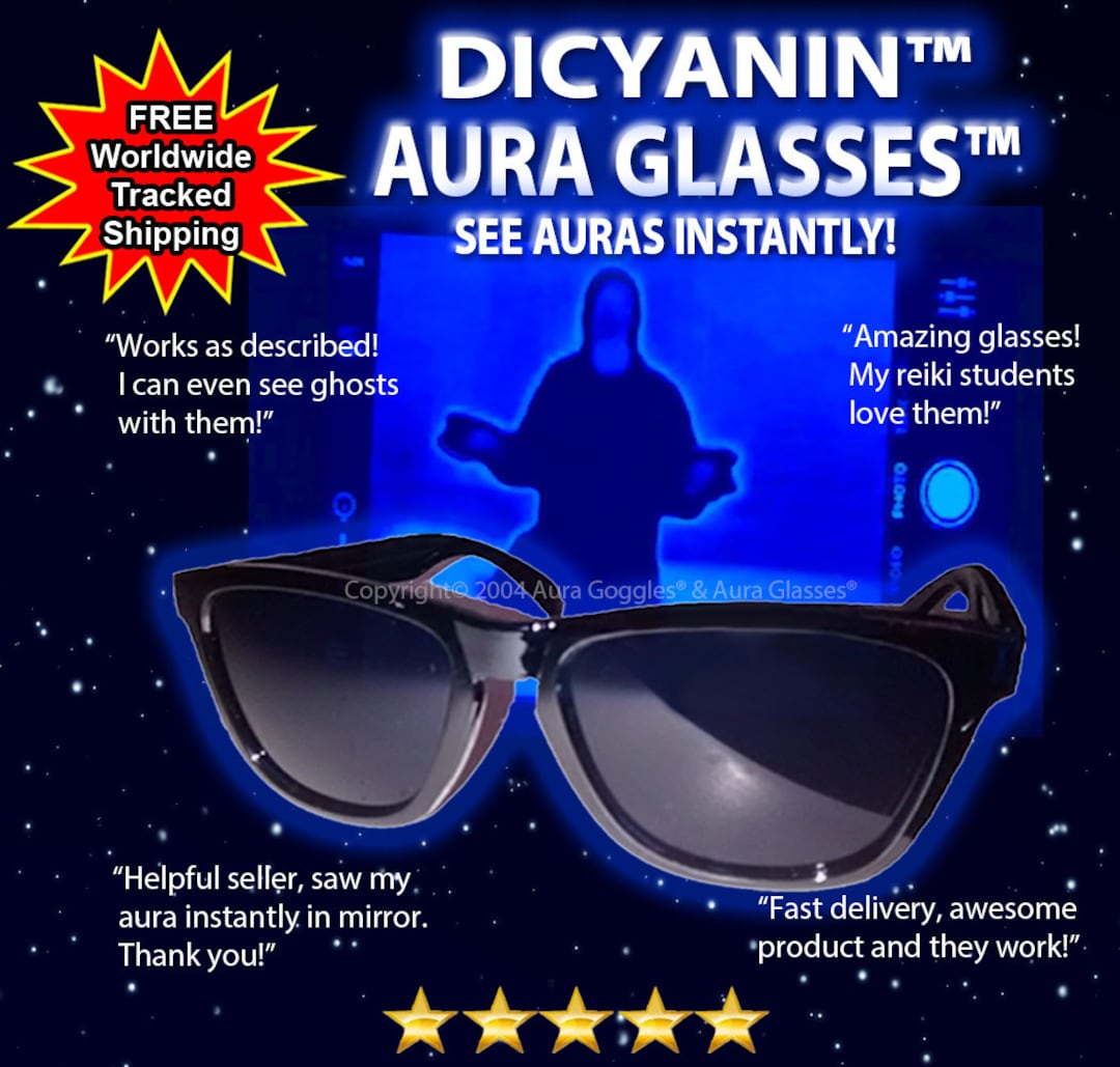 Official DICYANIN AURA GLASSES Psychic Reiki See Auras Chakras Dowsing ...