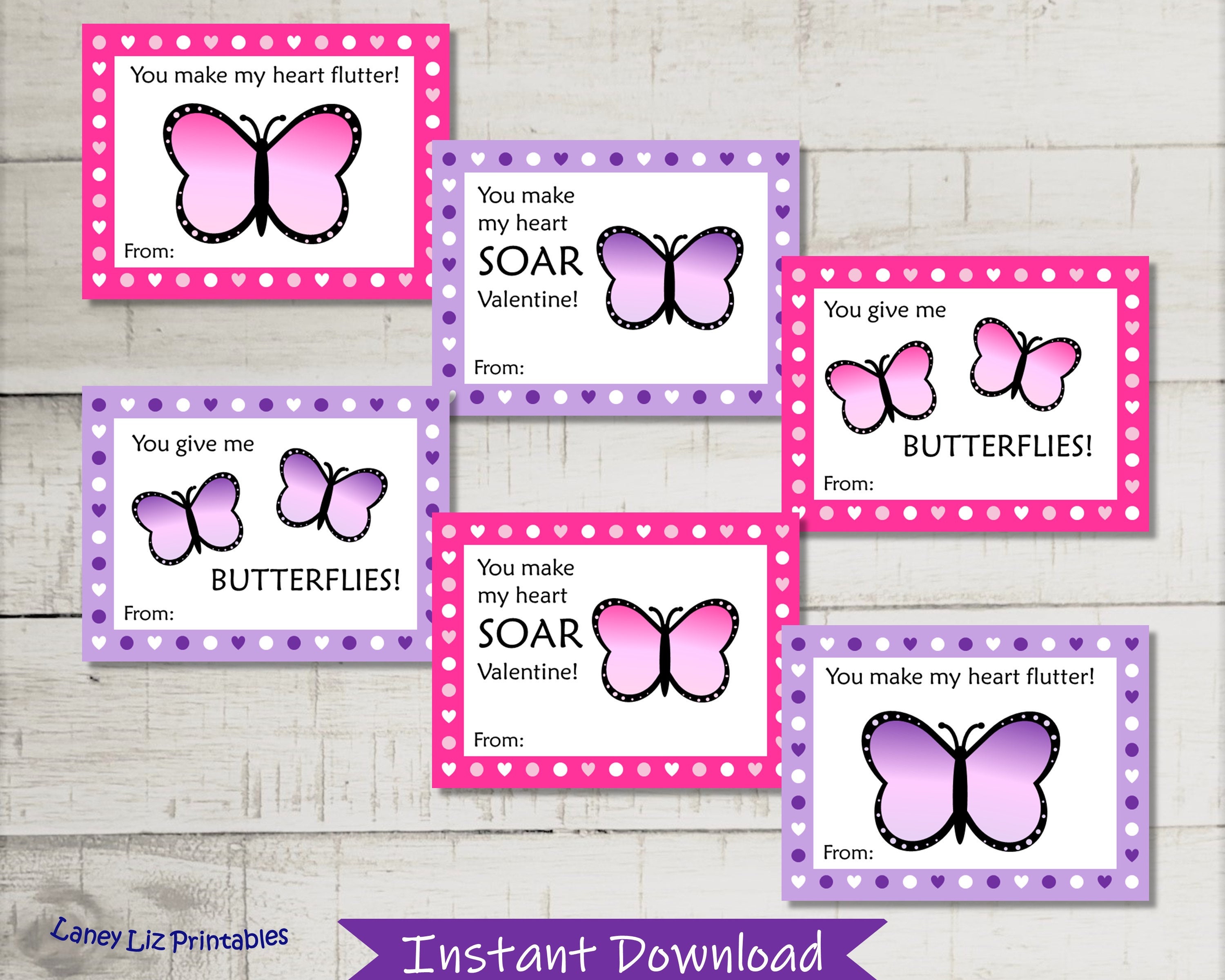 Butterfly Valentine Card Printable Pink Purple Butterflies Valentine's ...