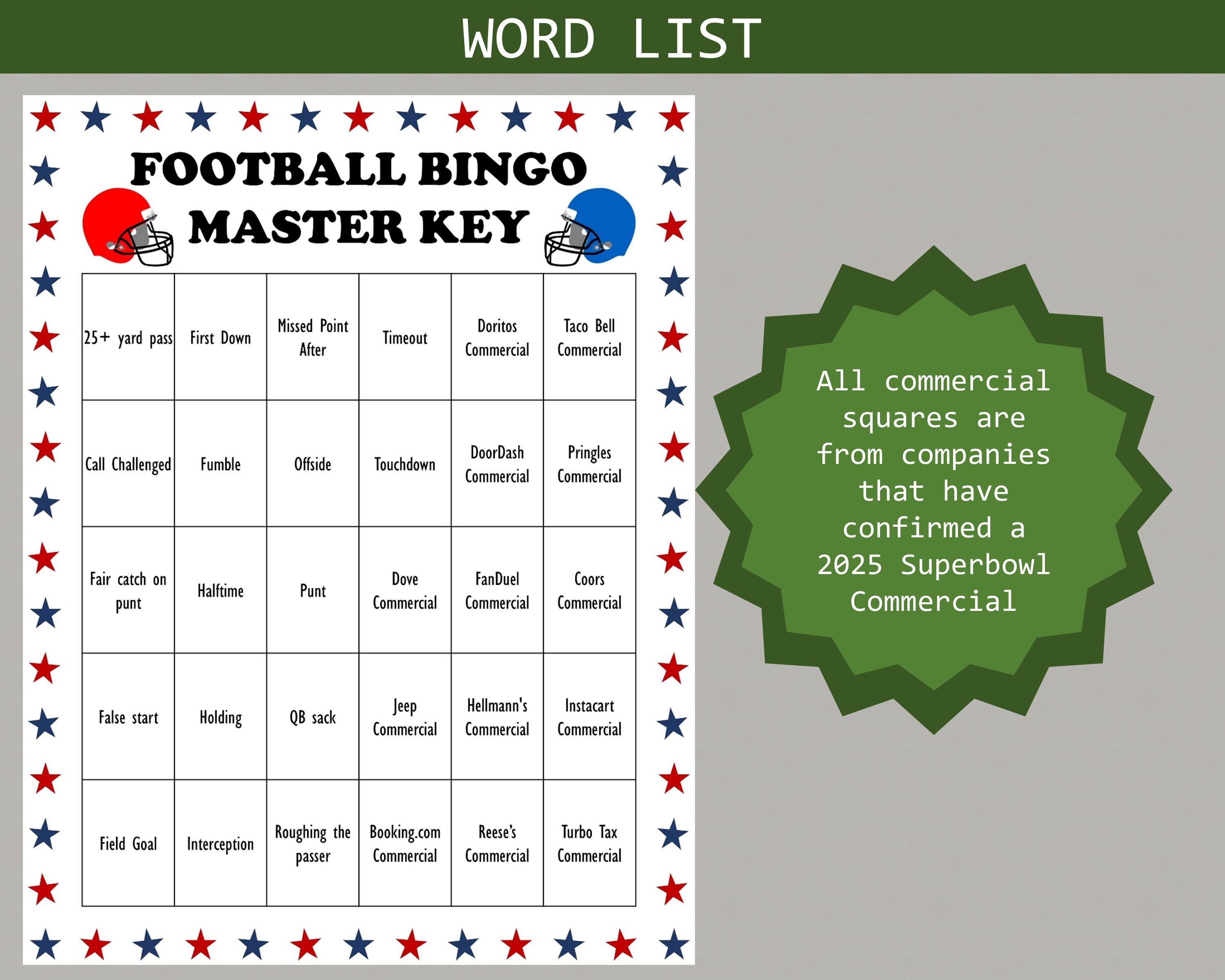 Football Bingo Cards Printable | 2025 Football Commercial Game | Big ...