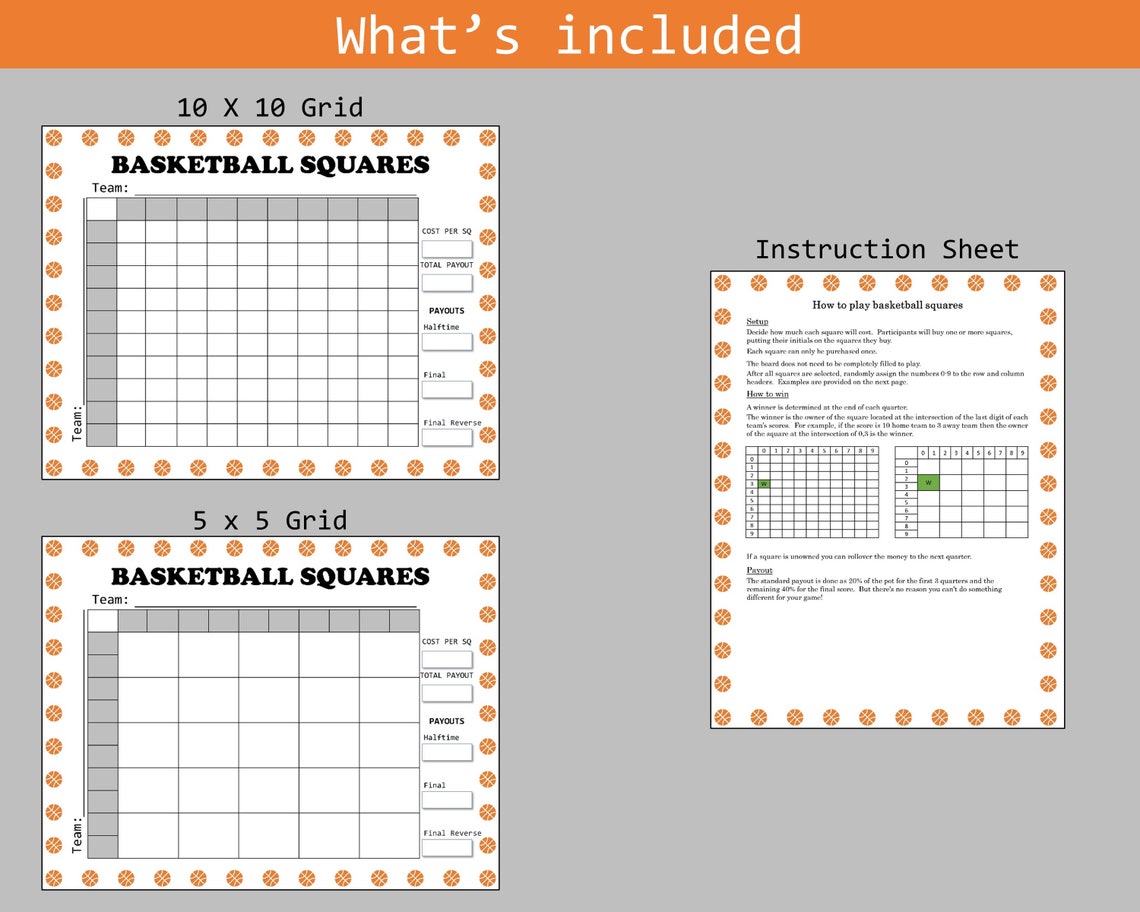 Basketball Squares Printable Grid, Sports Pool, College Ball Tournament ...