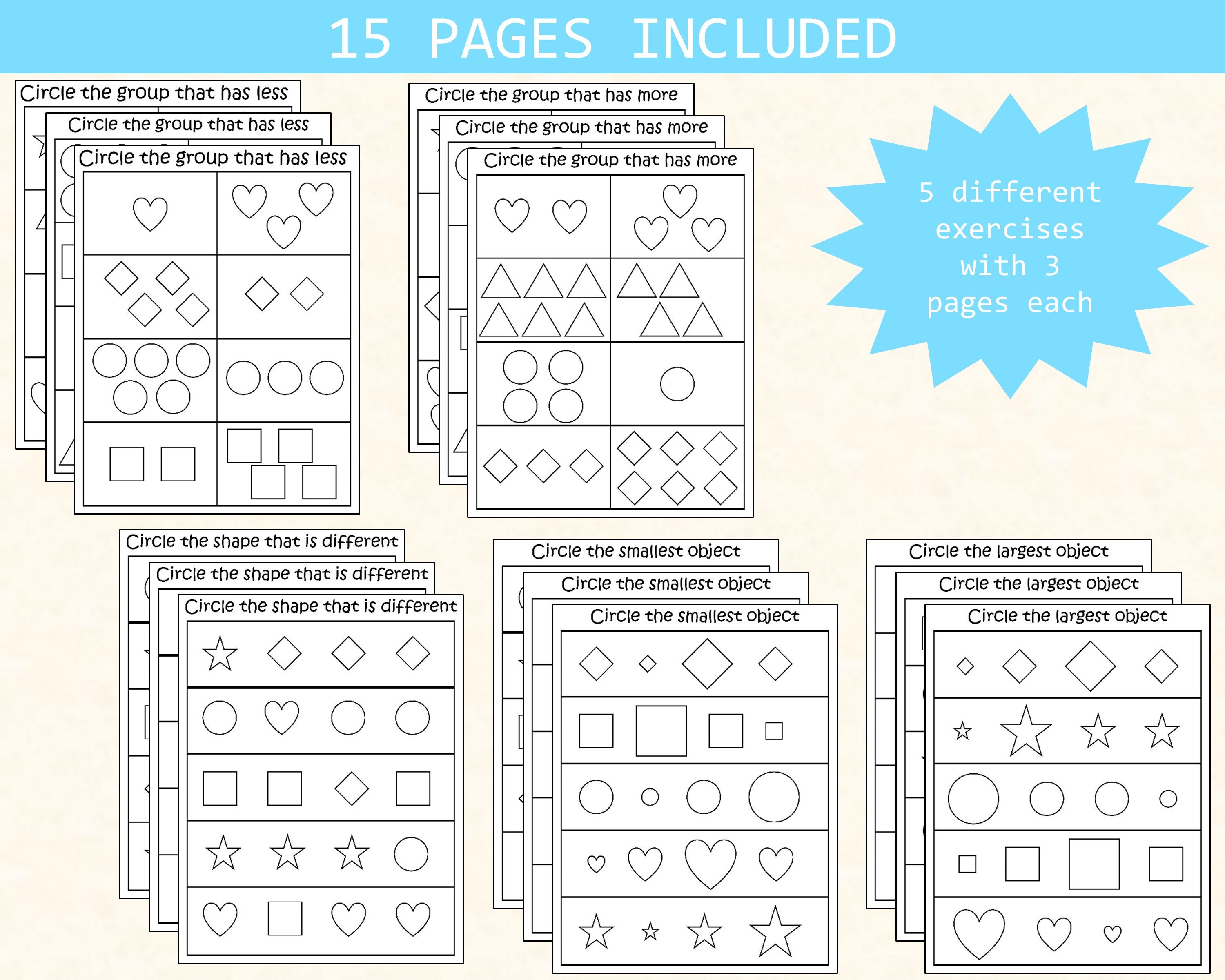 Pre-k Worksheet Math Concepts More Less Smallest | Etsy