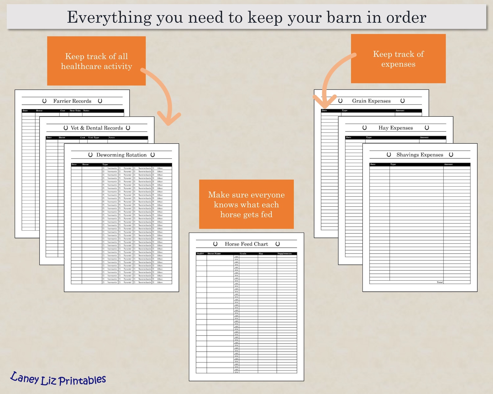 Horse Barn Management Printable Bundle, Barn Expense Tracker, Equine ...