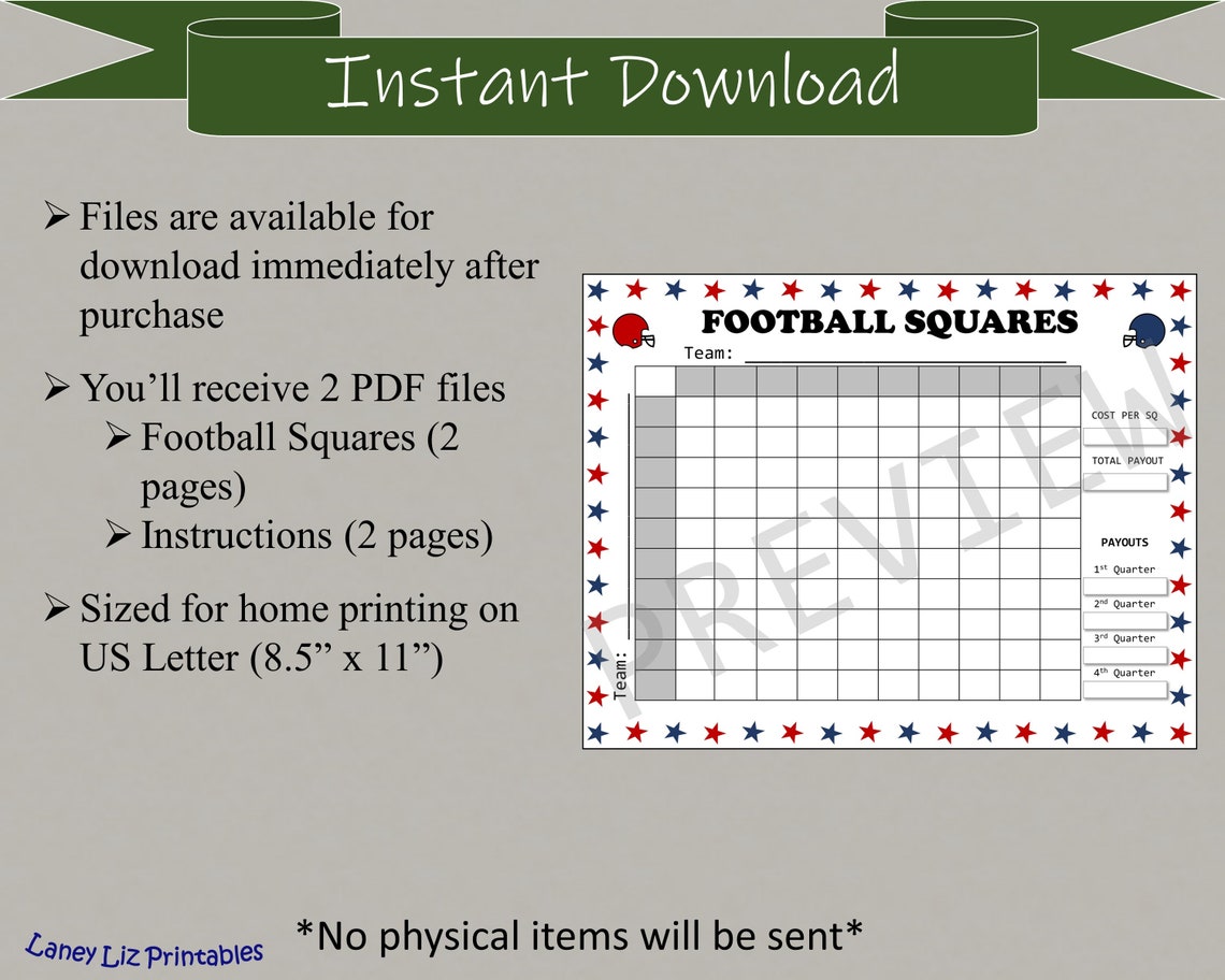 Football Squares Printable Grid, Sports Pool, NFL Grid, Big Game Party ...