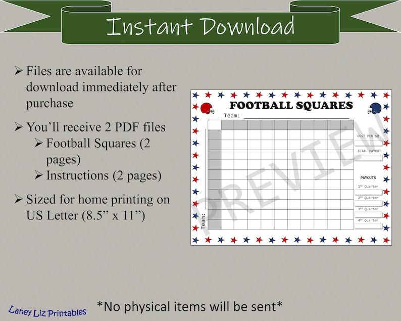 Football Squares Printable Grid, Sports Pool, NFL Grid, Big Game Party ...