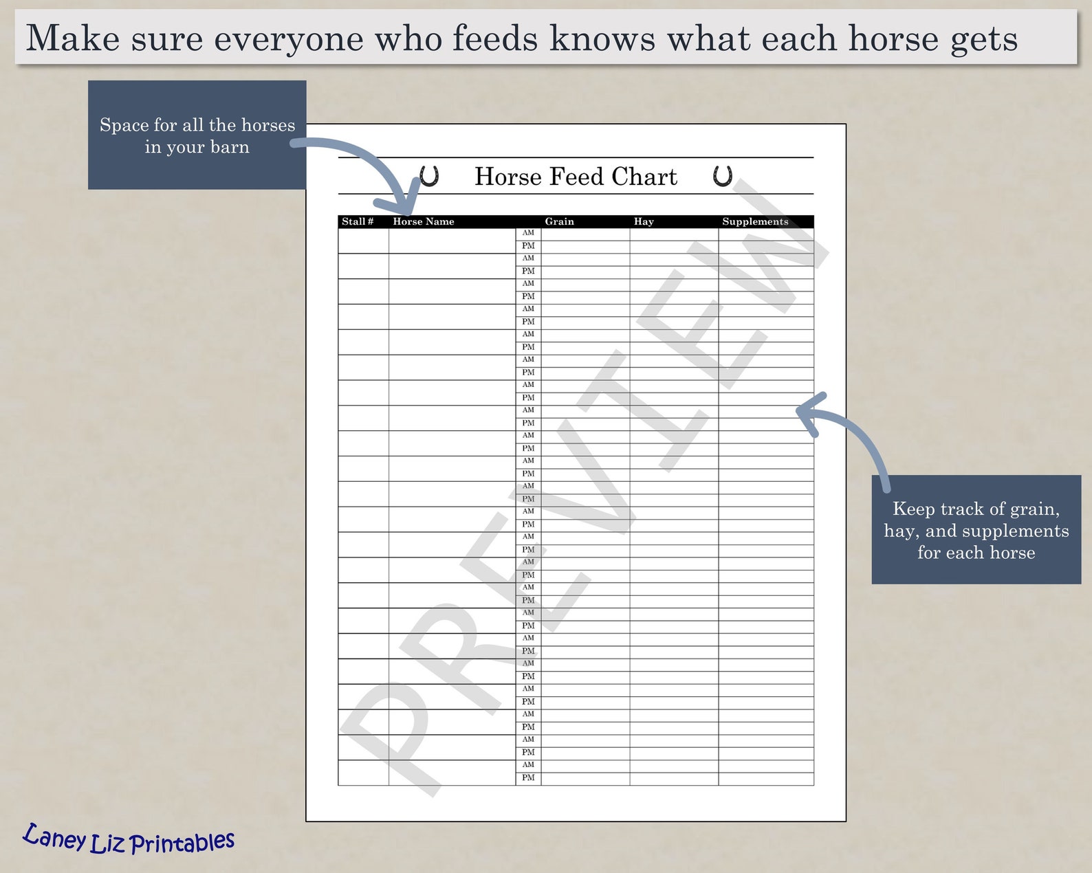 Horse Feed Chart Printable Template, Equine Feeding Schedule, Barn ...