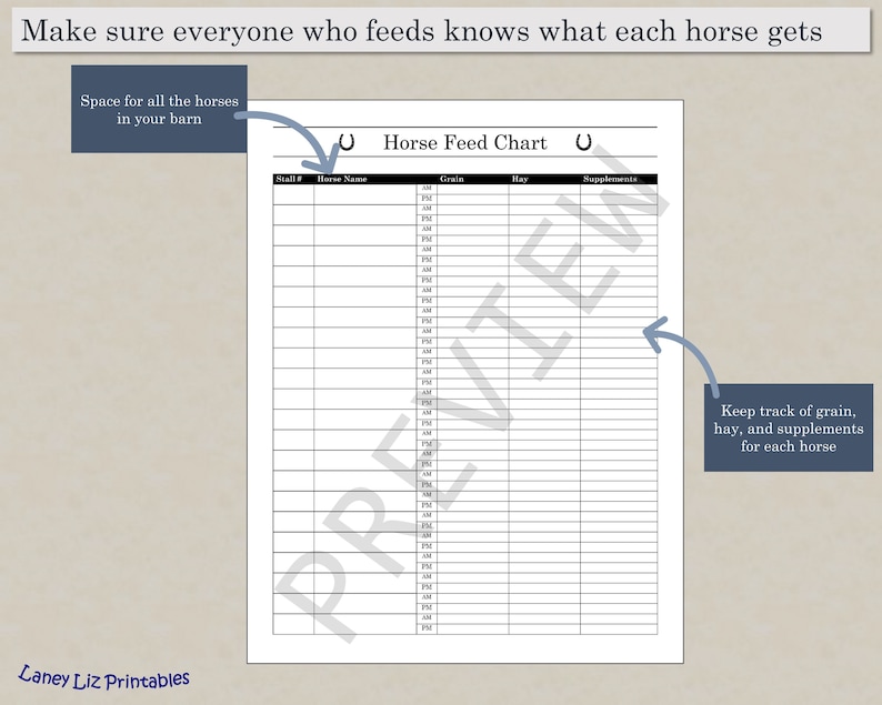 Horse Feed Chart Printable Template, Equine Feeding Schedule, Barn ...