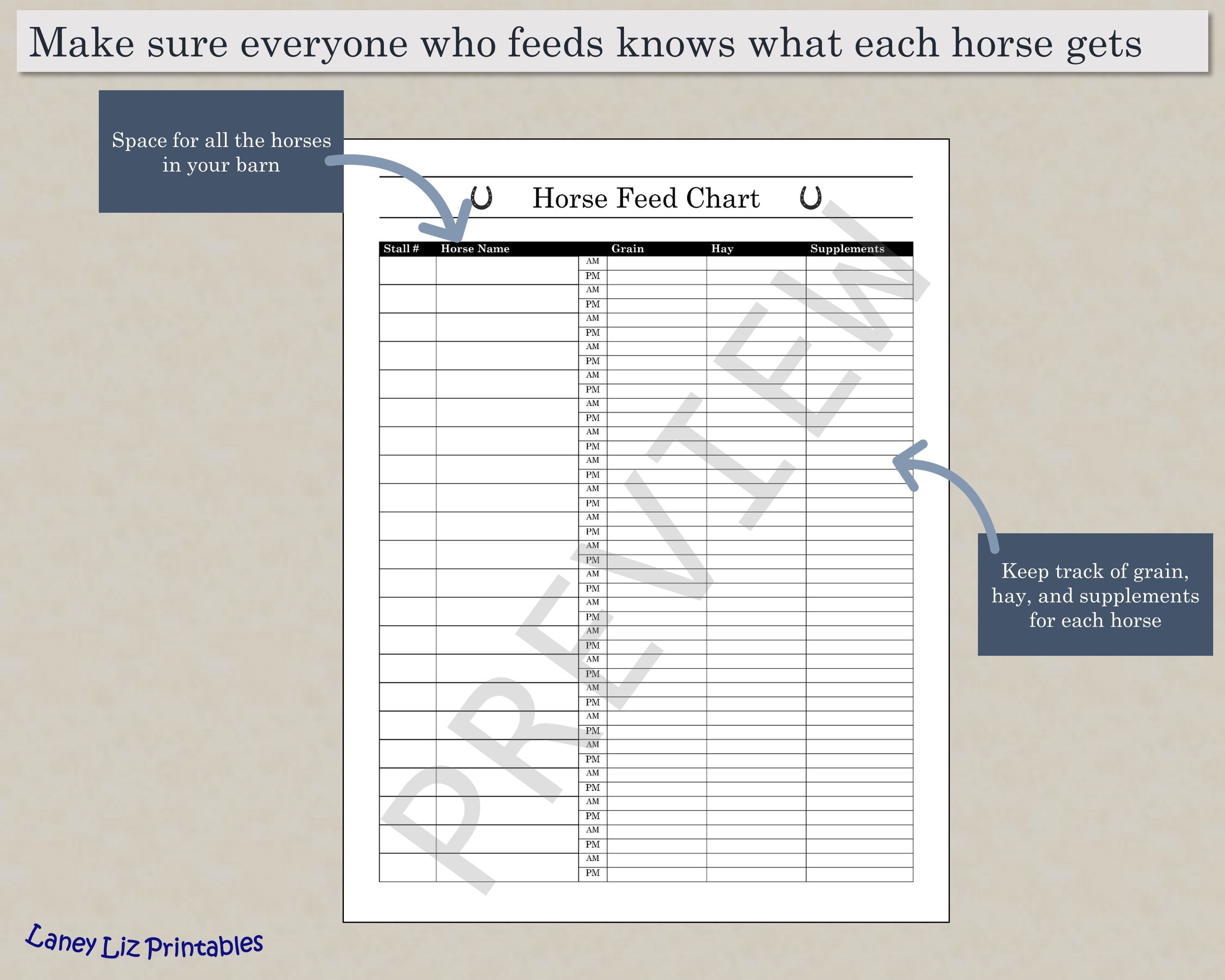 Horse Feed Chart Printable Template, Equine Feeding Schedule, Barn Management Page - Etsy