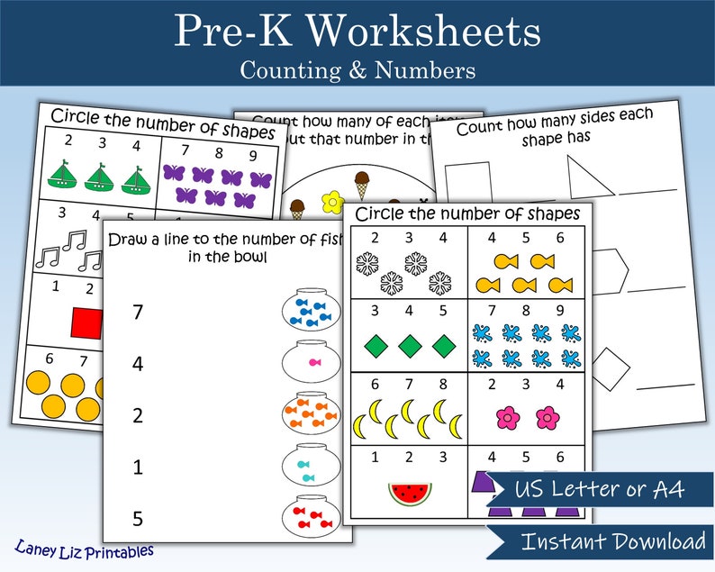 Pre-k Worksheet - Numbers and Counting | How Many | Count the Sides ...