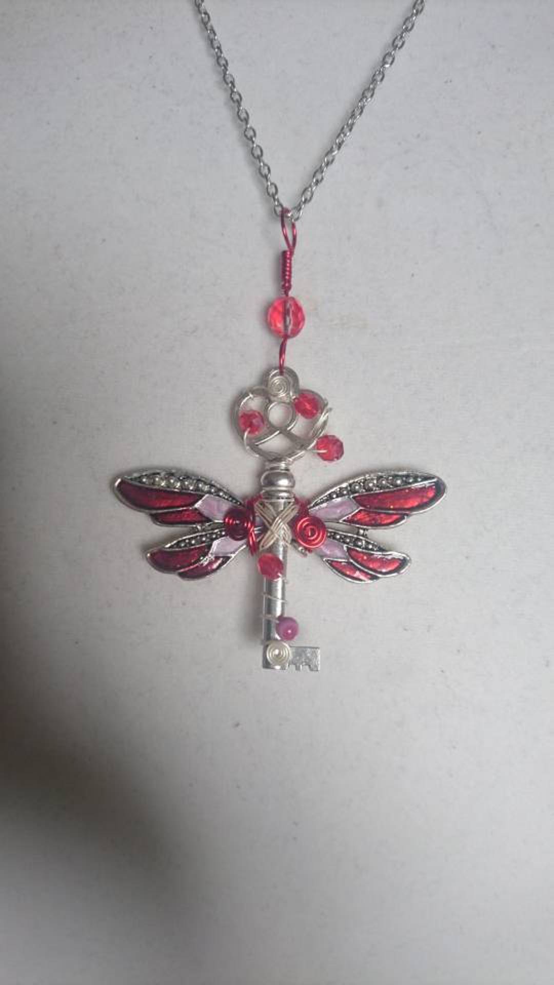 Gorgeous Wire Wrapped Red Dragonfly Winged Skeleton Key Necklace ...