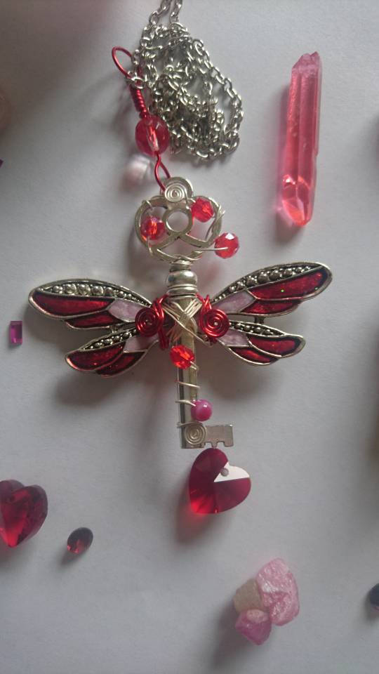 Gorgeous Wire Wrapped Red Dragonfly Winged Skeleton Key Necklace ...