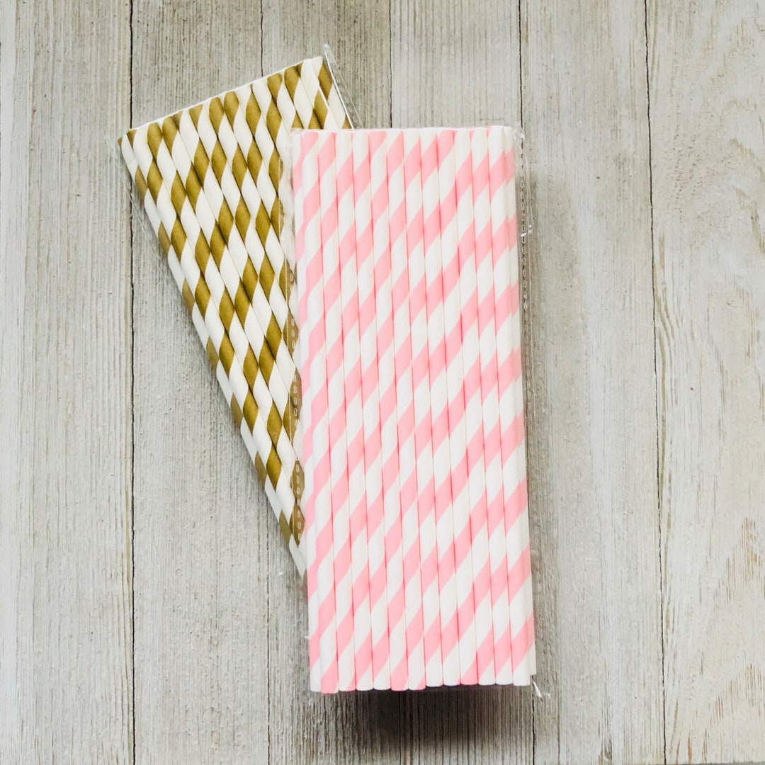 50 Pink and Gold Striped Straws, Wedding, Birthday, Baby Shower, Party ...